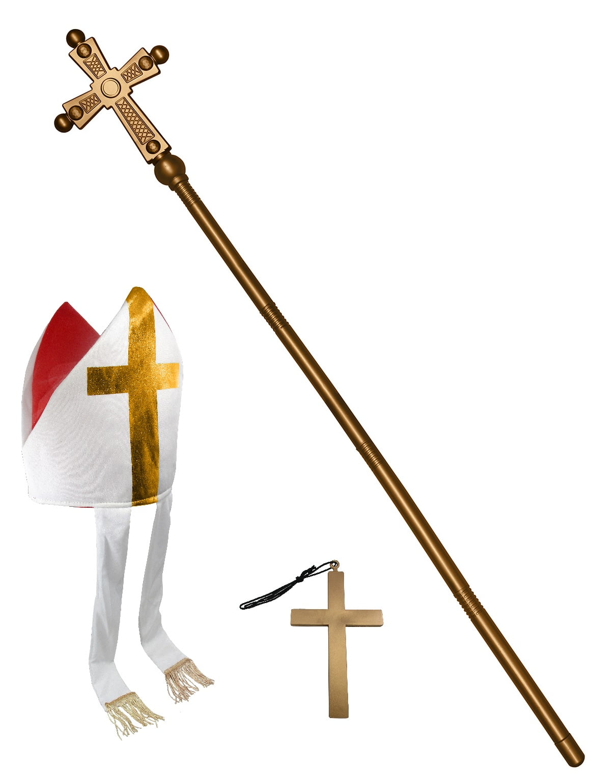 Adult Bishop Priest Pope Hat Crucifix Necklace Gold Cross Staff Saint ...