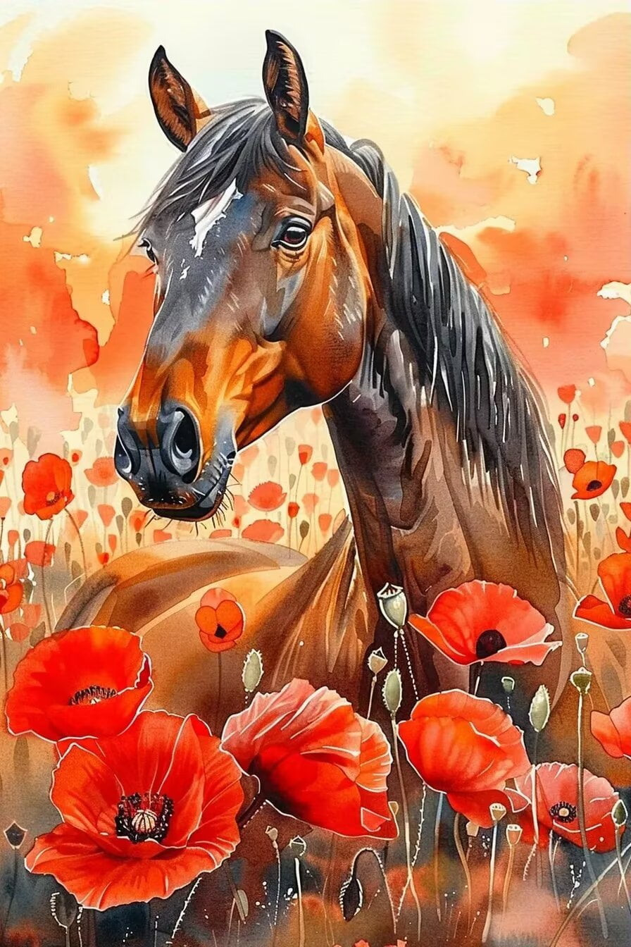 Adult Brown Horse in Flower Diamond Art Painting Kit for Beginners Full ...