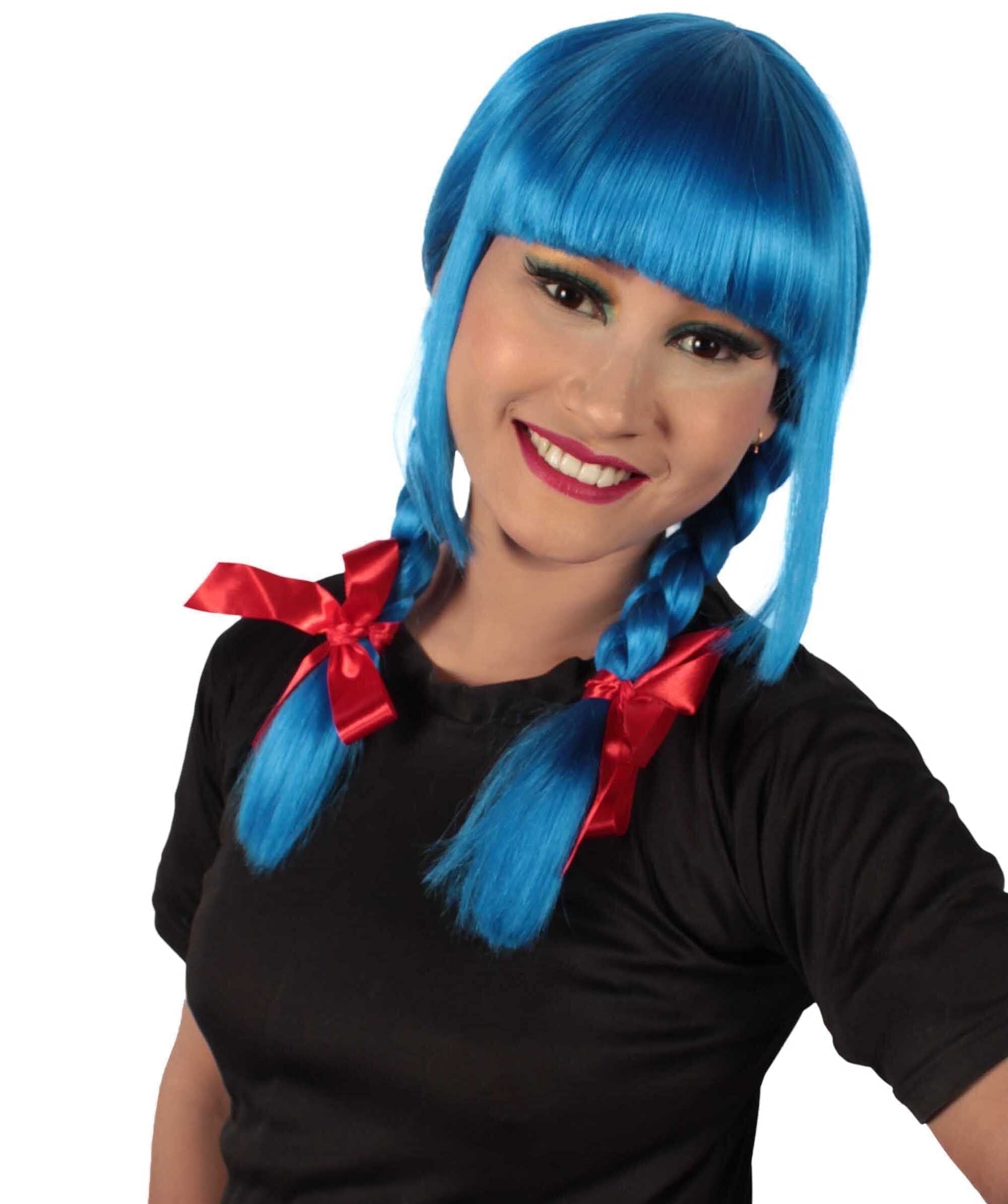 HPO Adult Women's Braided Pigtails, Evil Doll Wig with Red Ribbons ...