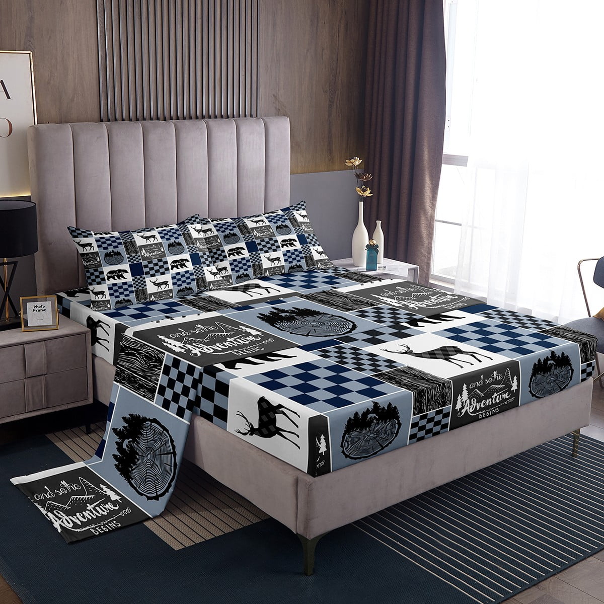Adult Cabin Bed Sheets Set King Size, Retro Rustic Lodge Sheets Bear ...