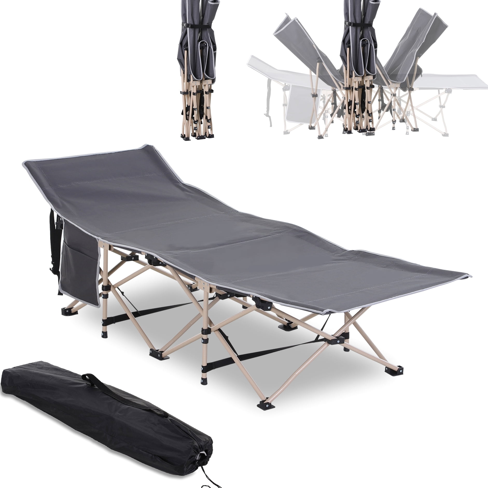 Adult Camping Cot, Gray - 330 Lbs Capacity. Includes Carry Bag And Side ...