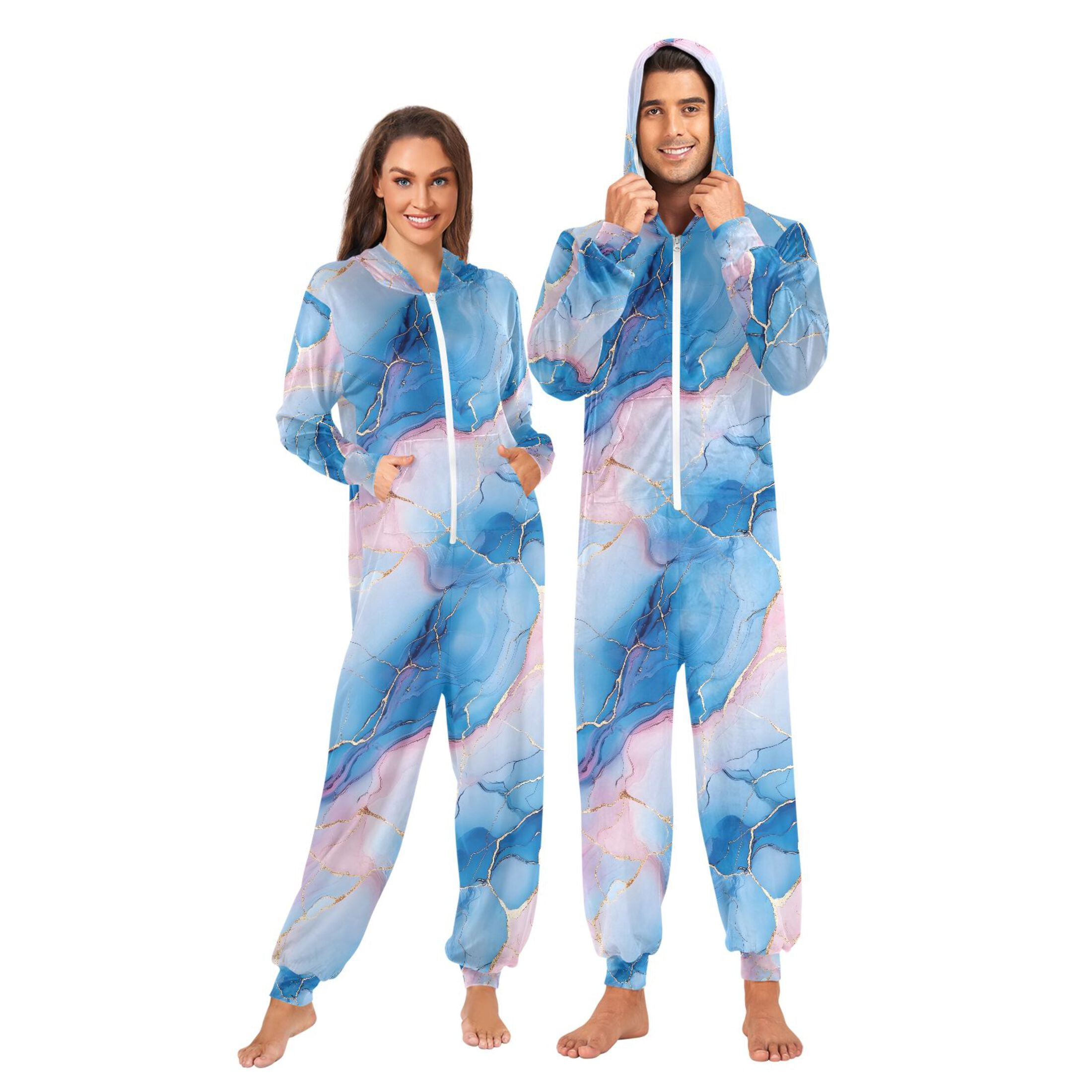 Adult Christmas Onesie Blue Pink Marble Pattern Zipper One-Piece ...