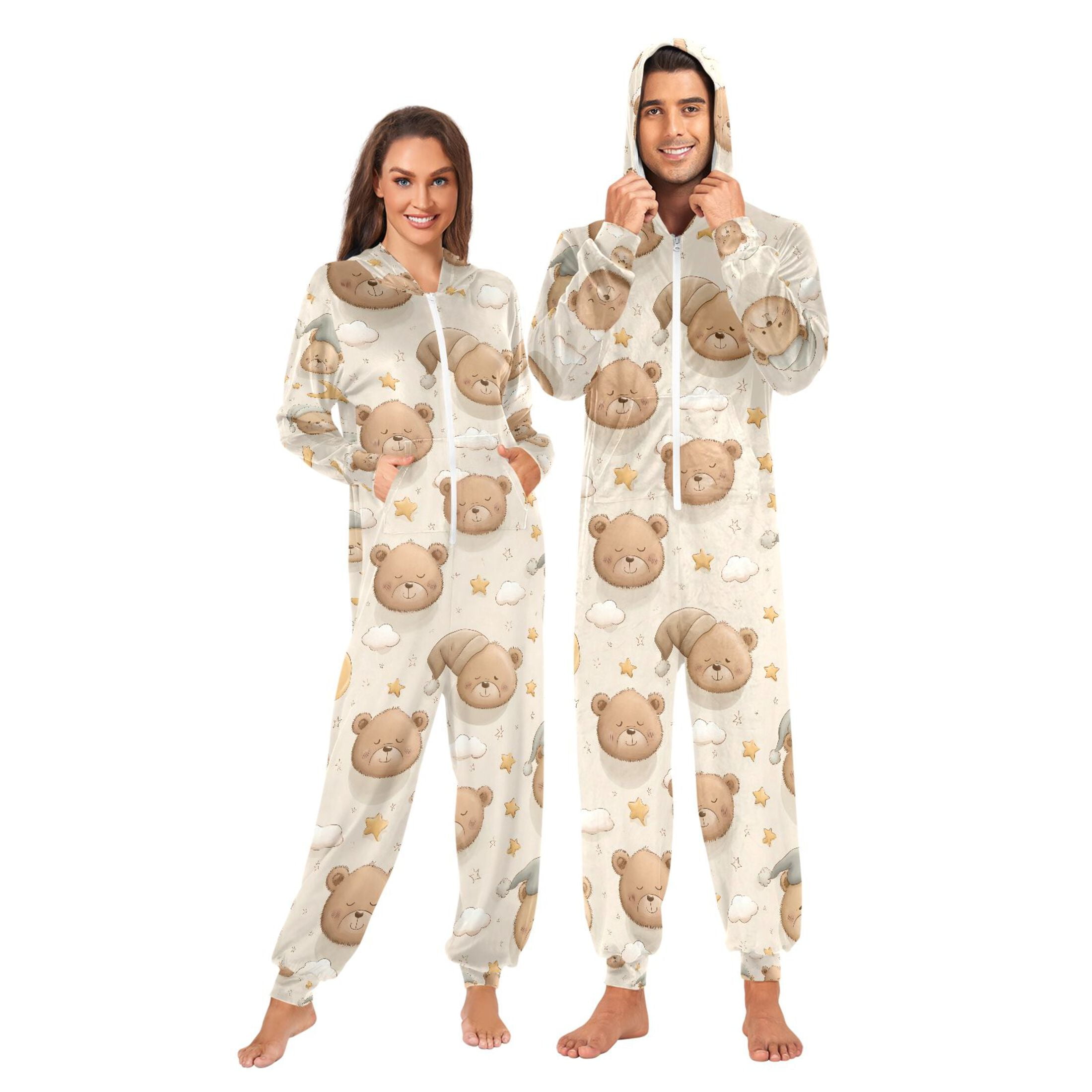 Adult Christmas Onesie Cartoon Bear Head Adult Zipper One-Piece Pajamas ...