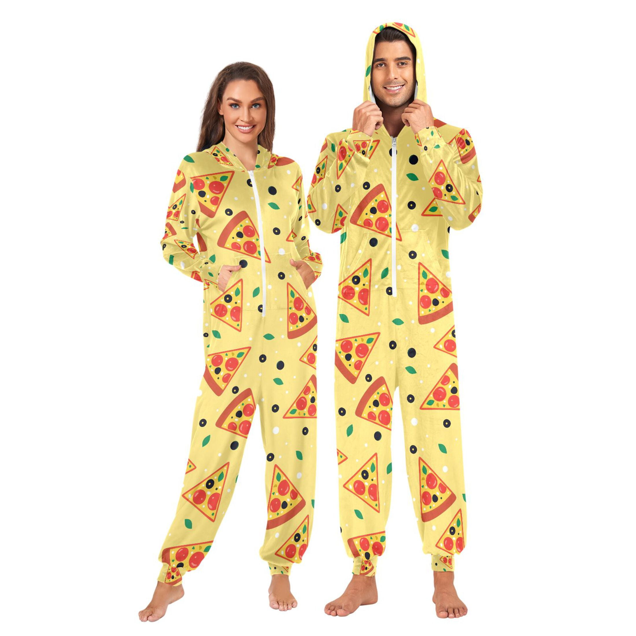 Adult Christmas Onesie Cartoon Pizza Pattern Zipper One-Piece Pajamas ...