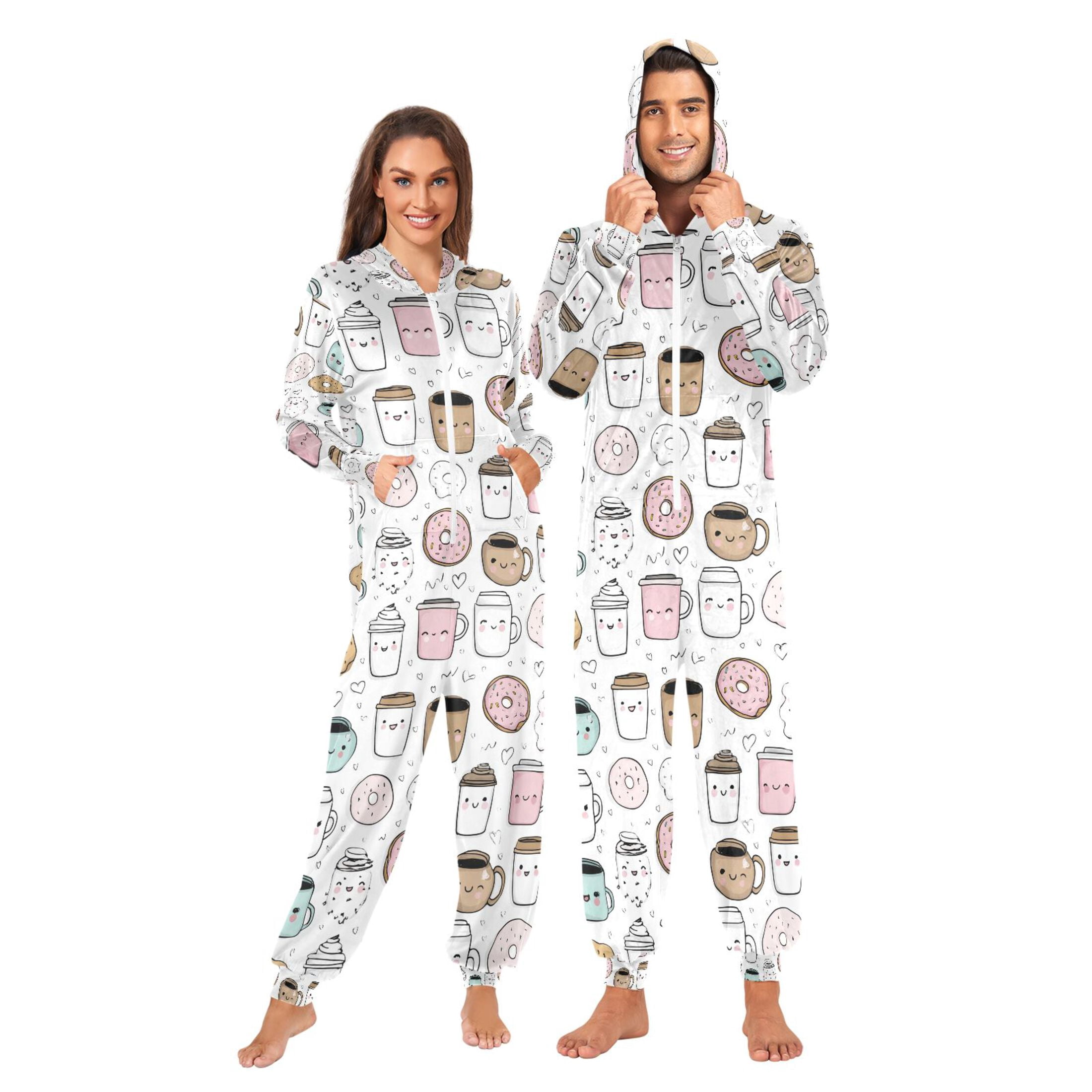 Adult Christmas Onesie Coffee Cup Donut Adult Zipper One-Piece Pajamas ...