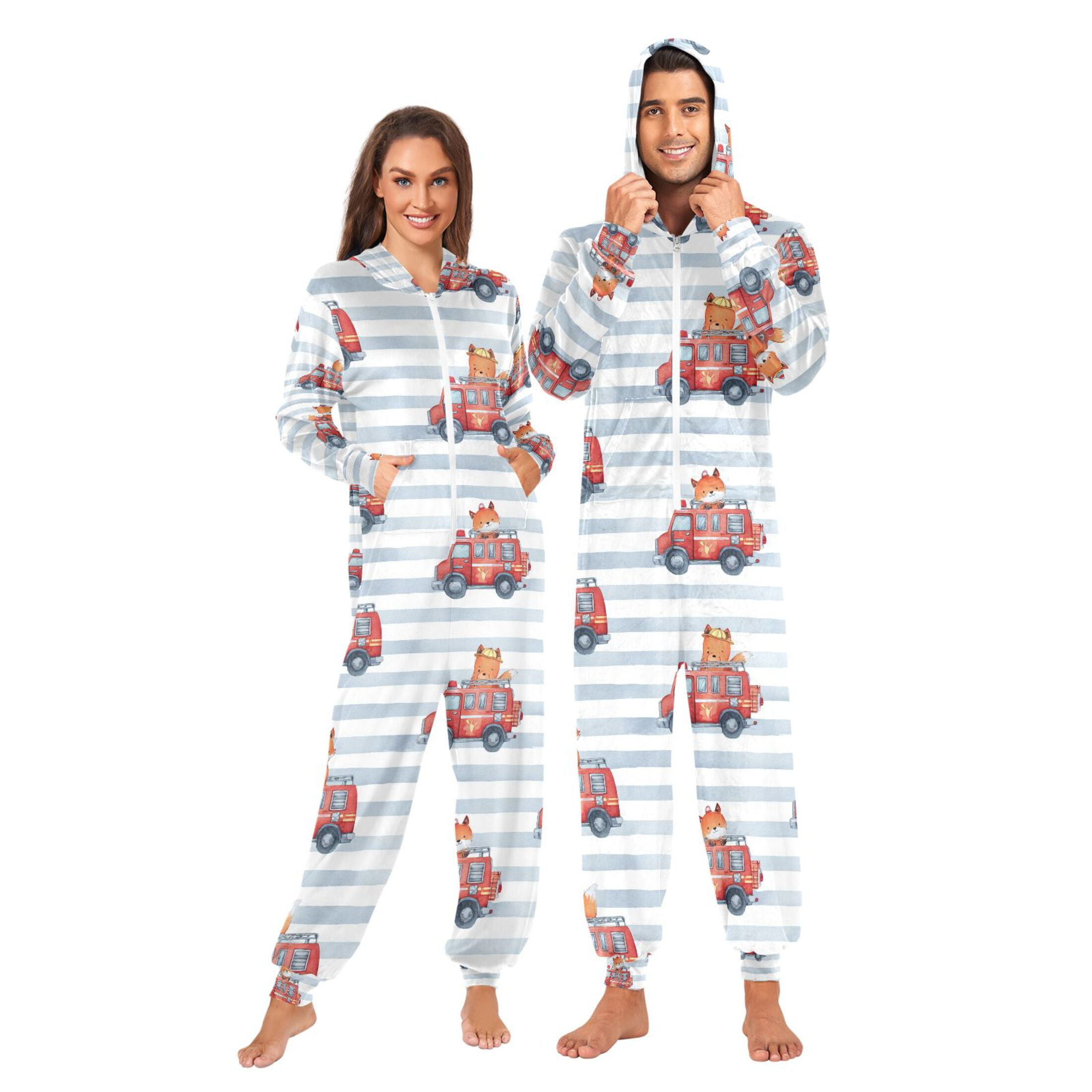 Adult Christmas Onesie Cute Fire Truck and Fox Adult Zipper One-Piece ...