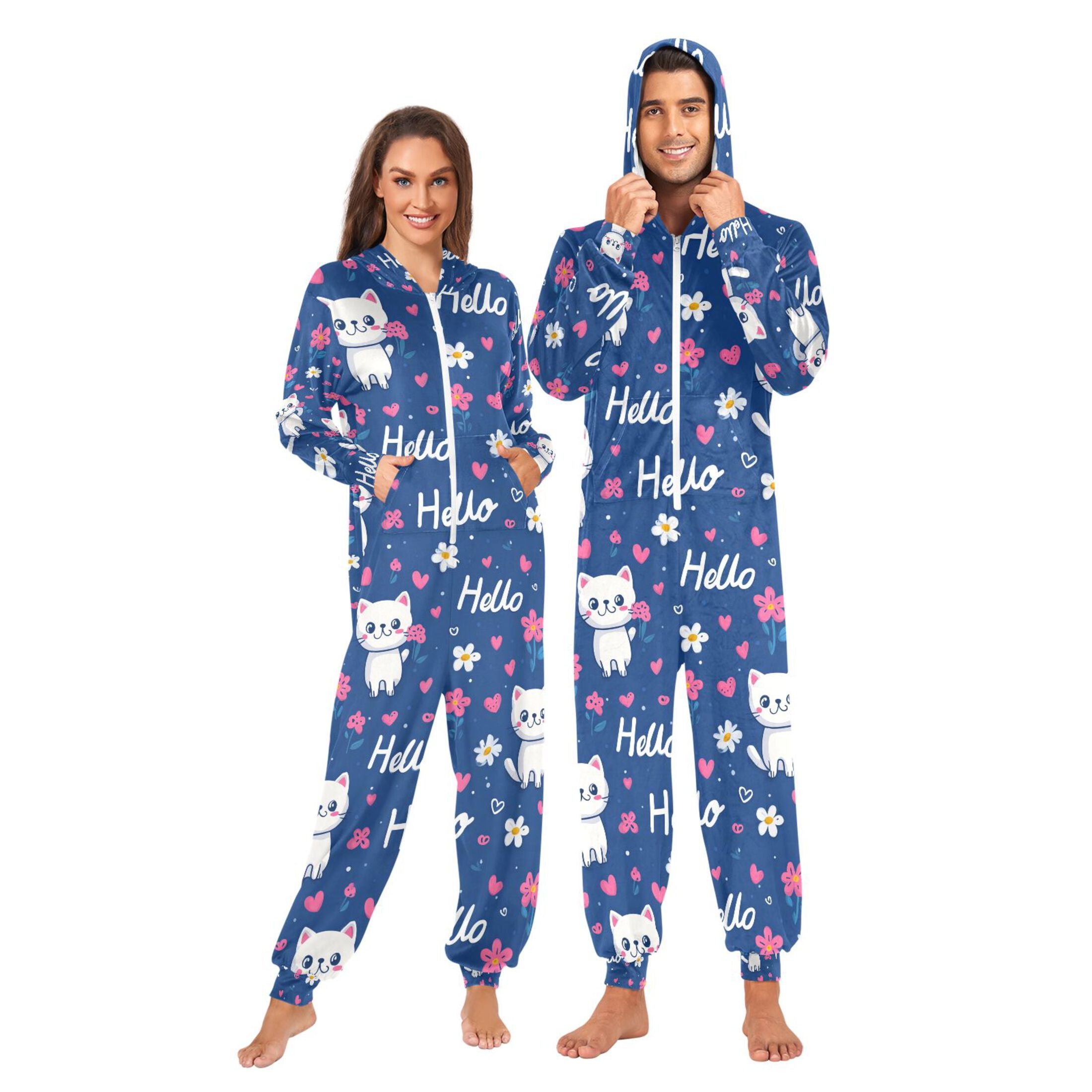 Adult Christmas Onesie Cute Flower Cat Adult Zipper One-Piece Pajamas ...