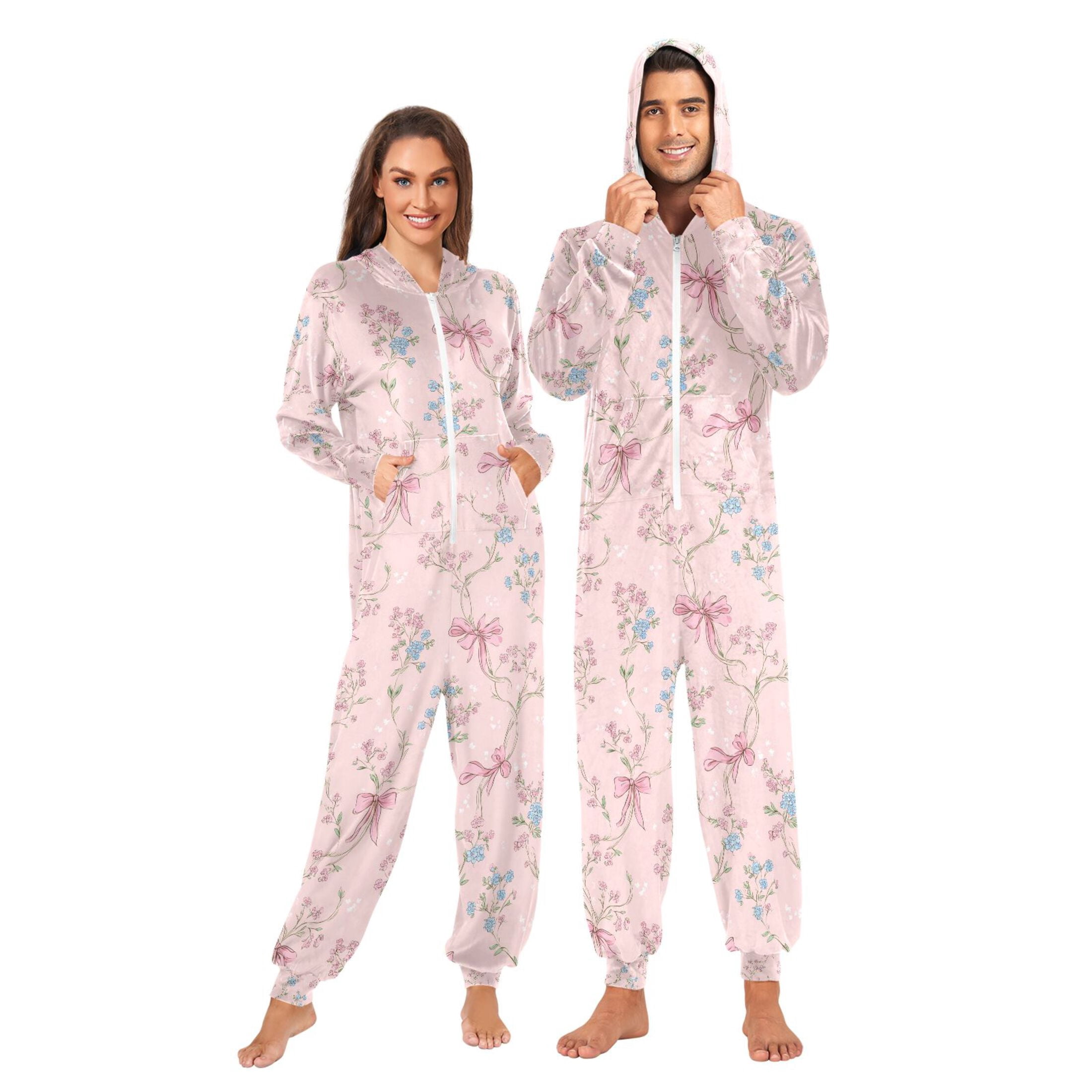 Adult Christmas Onesie Floral Vine Bow Adult Zipper One-Piece Pajamas ...