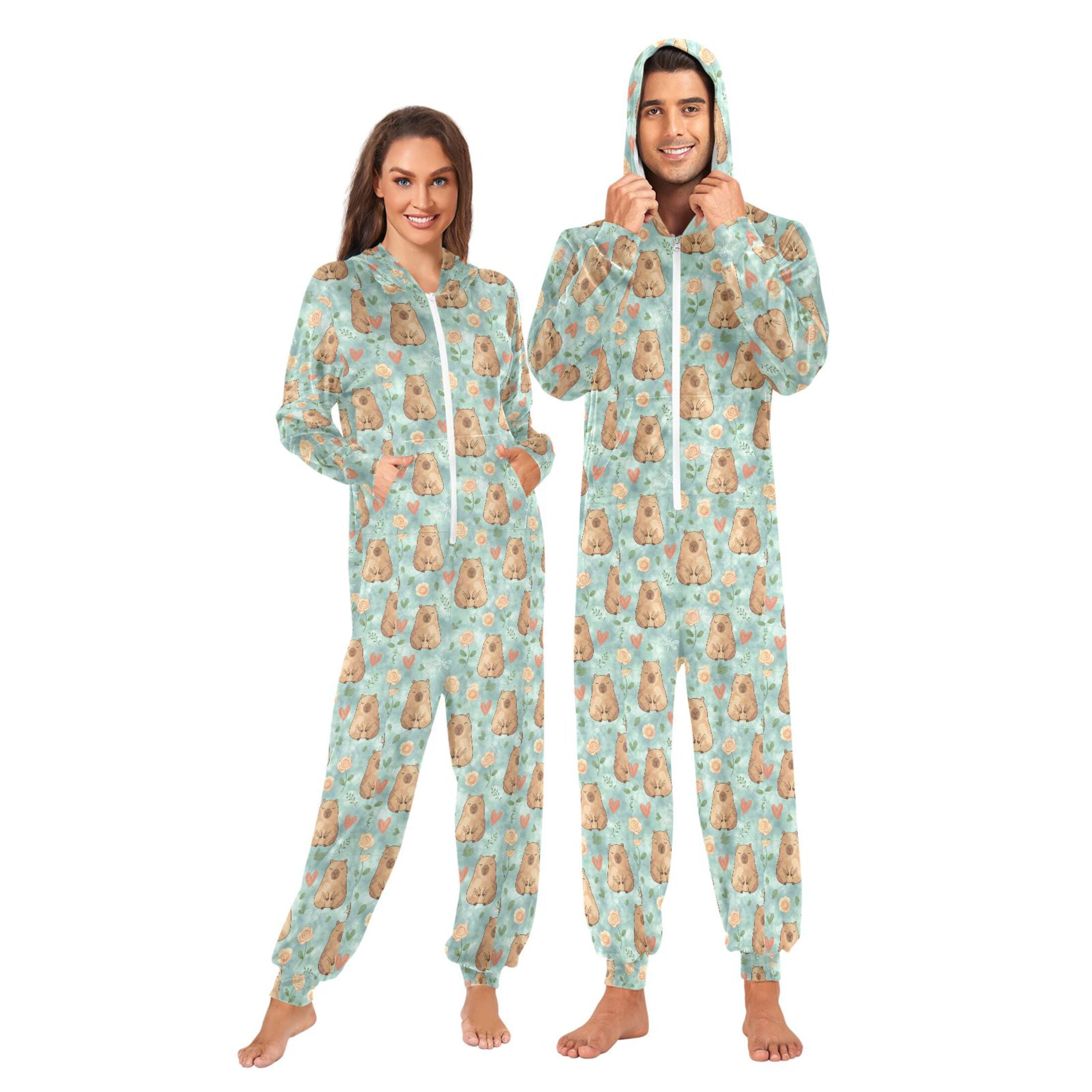Adult Christmas Onesie Floral with Cute Capybara Zipper One-Piece ...