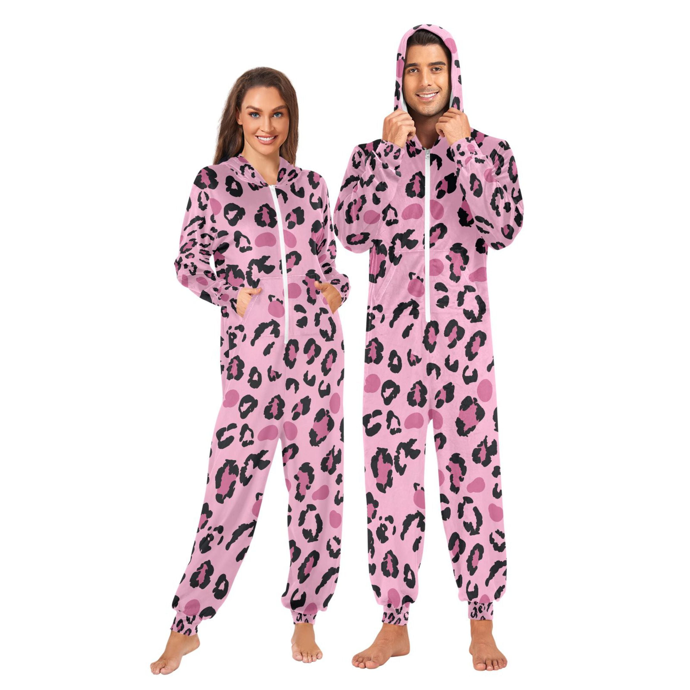 Adult Christmas Onesie Leopard Print Pink Pattern Zipper One-Piece ...