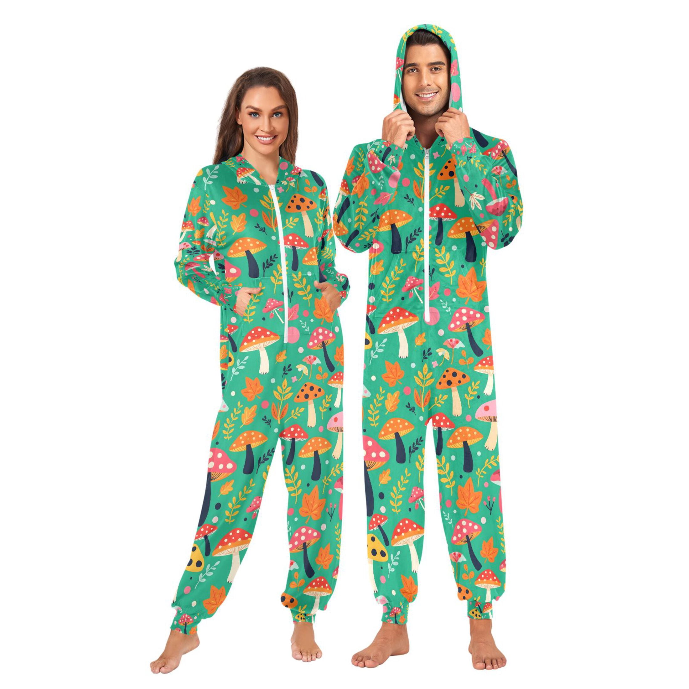 Adult Christmas Onesie Mushroom Grass Leaves Adult Zipper One-Piece ...