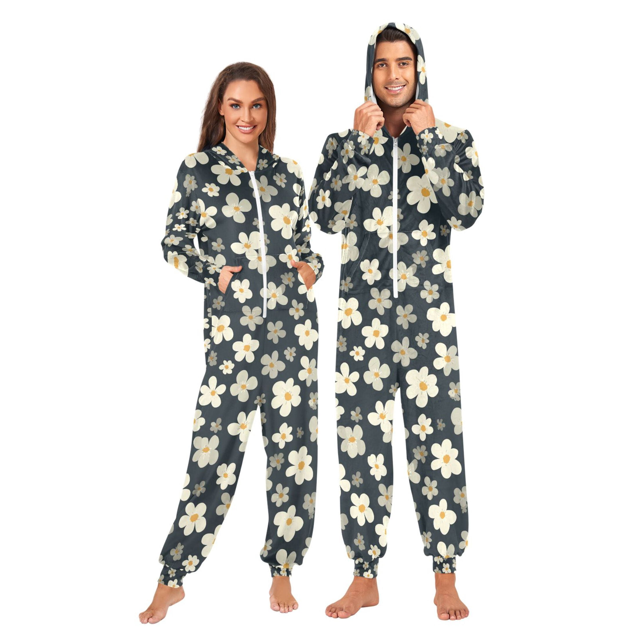 Adult Christmas Onesie Playful Flowers White Adult Zipper One-Piece ...