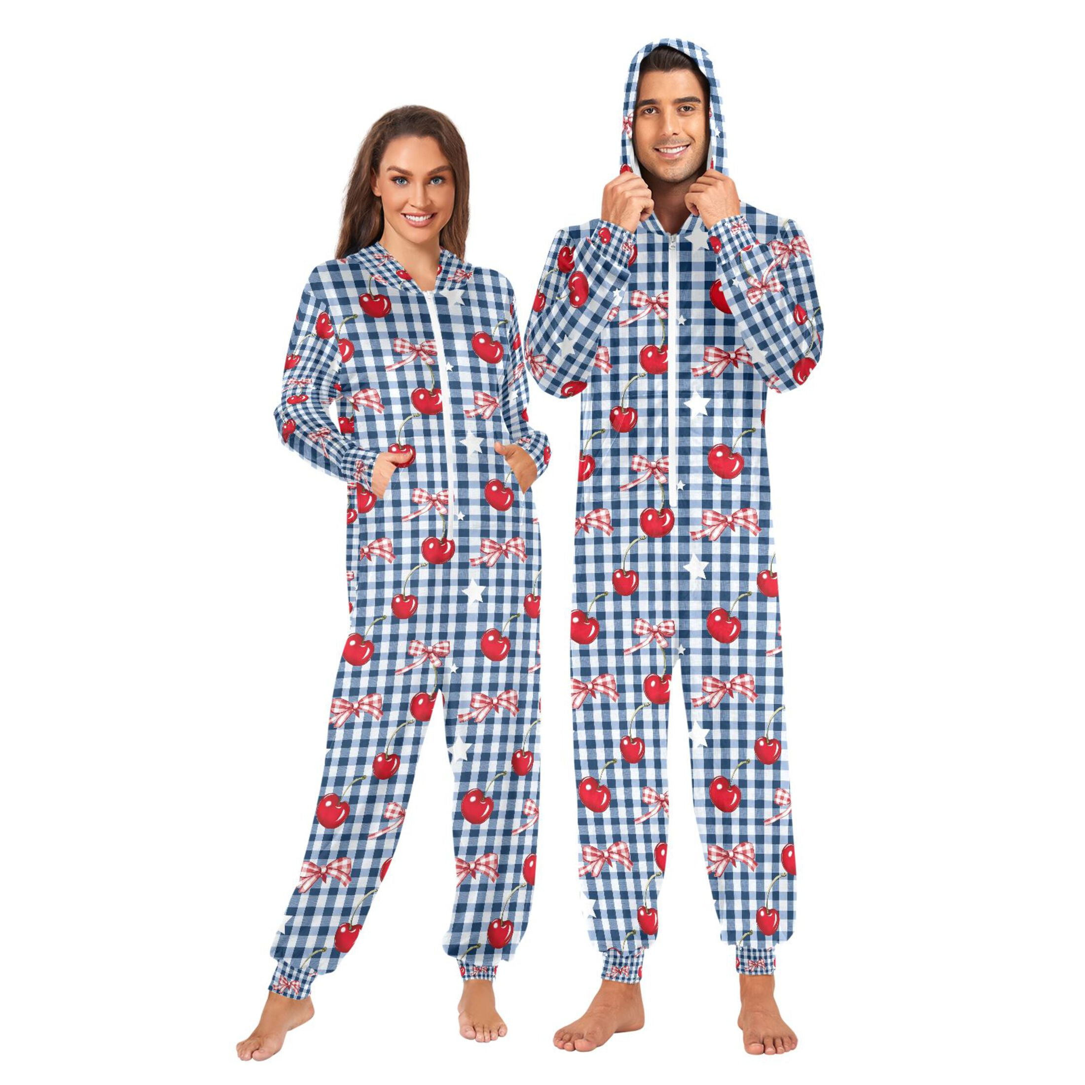 Adult Christmas Onesie Red Cherries Bows Blue Plaid Adult Zipper One ...
