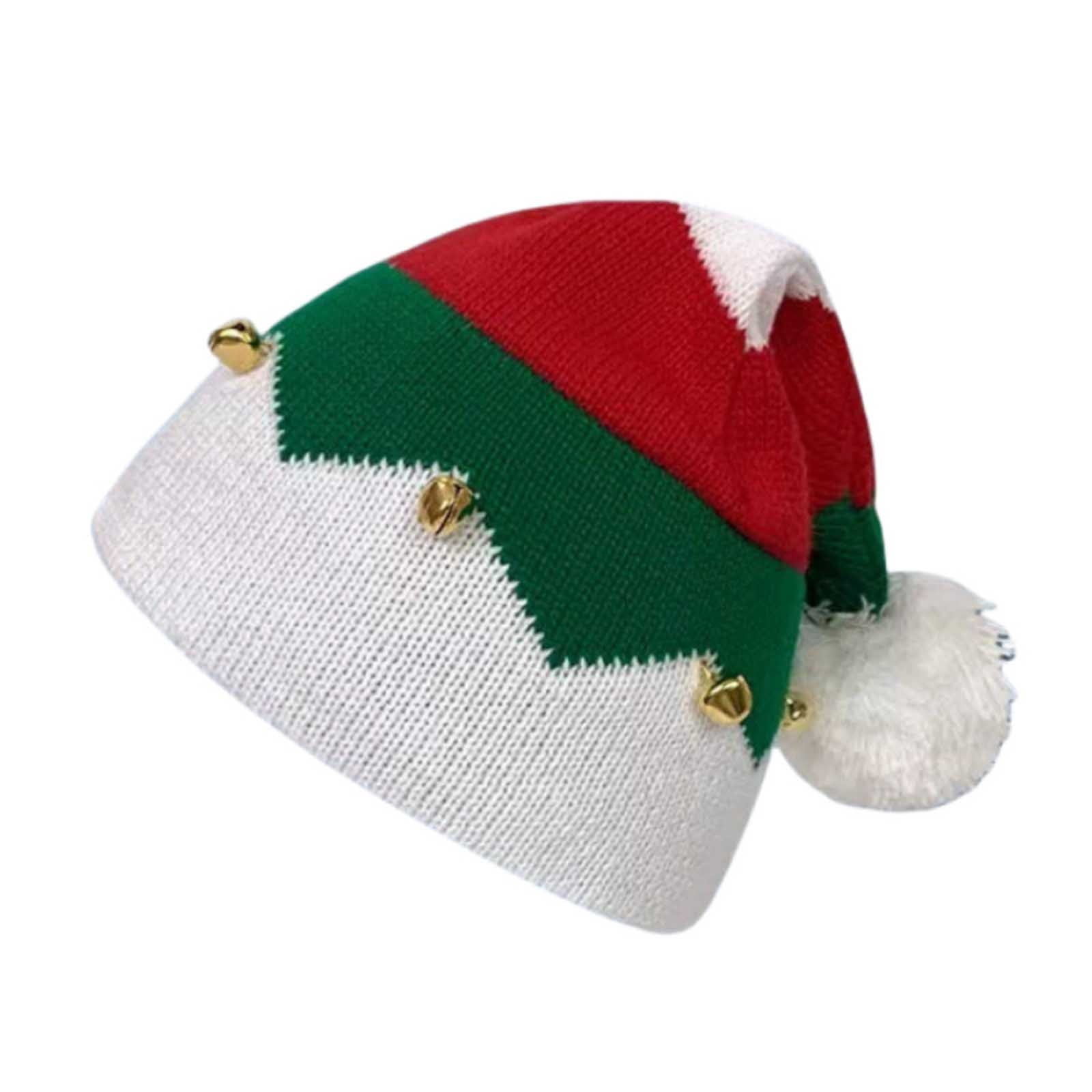 Adult Holiday Knitted Elf Hat with Bells and Pompom Striped Winter Warm ...