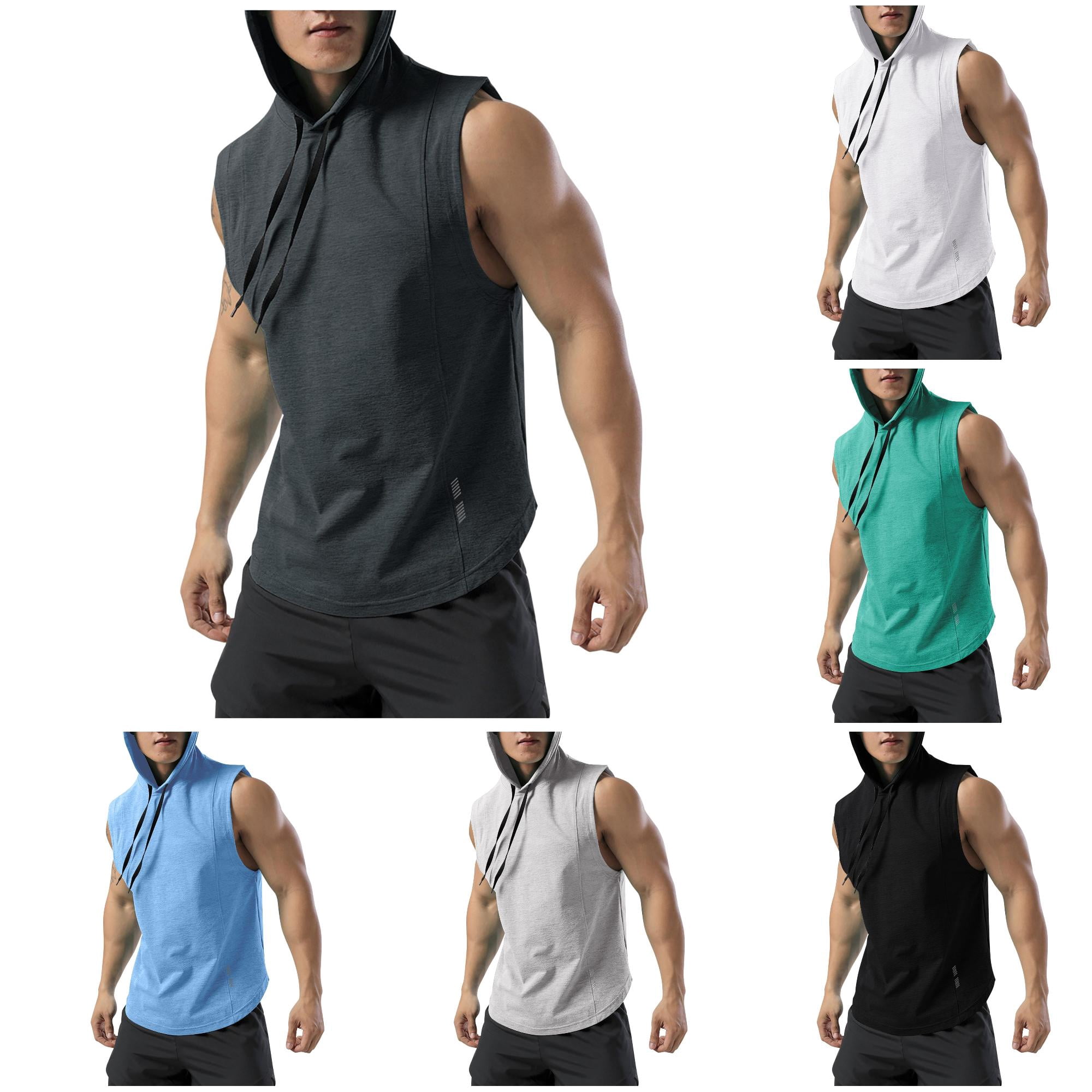 Adult Hooded Sleeveless T Shirt Men's Sports Quick Drying Light Fitness ...