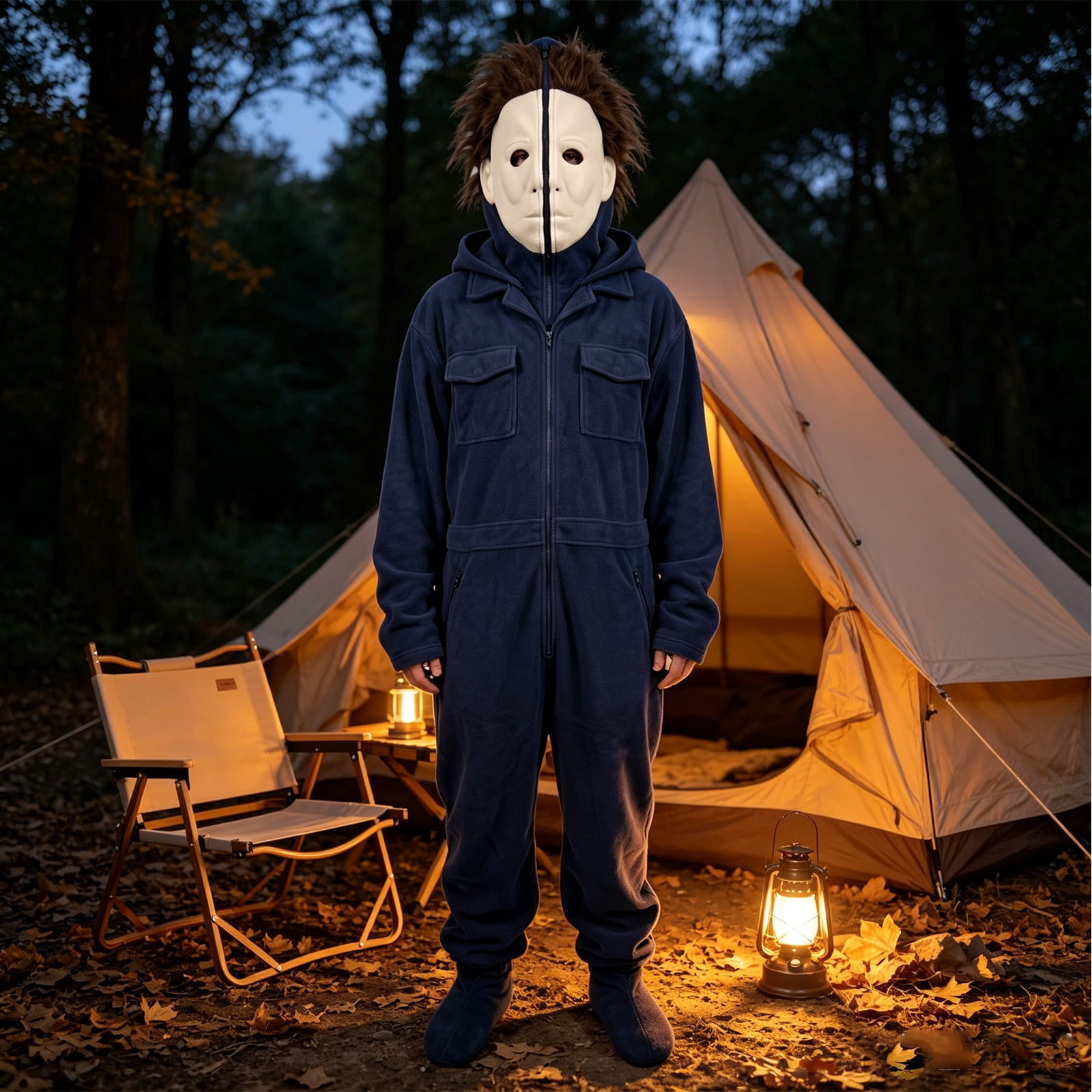 Adult Horror Mask Fleece Onesie - Navy Blue Hooded Zipper Jumpsuit with ...