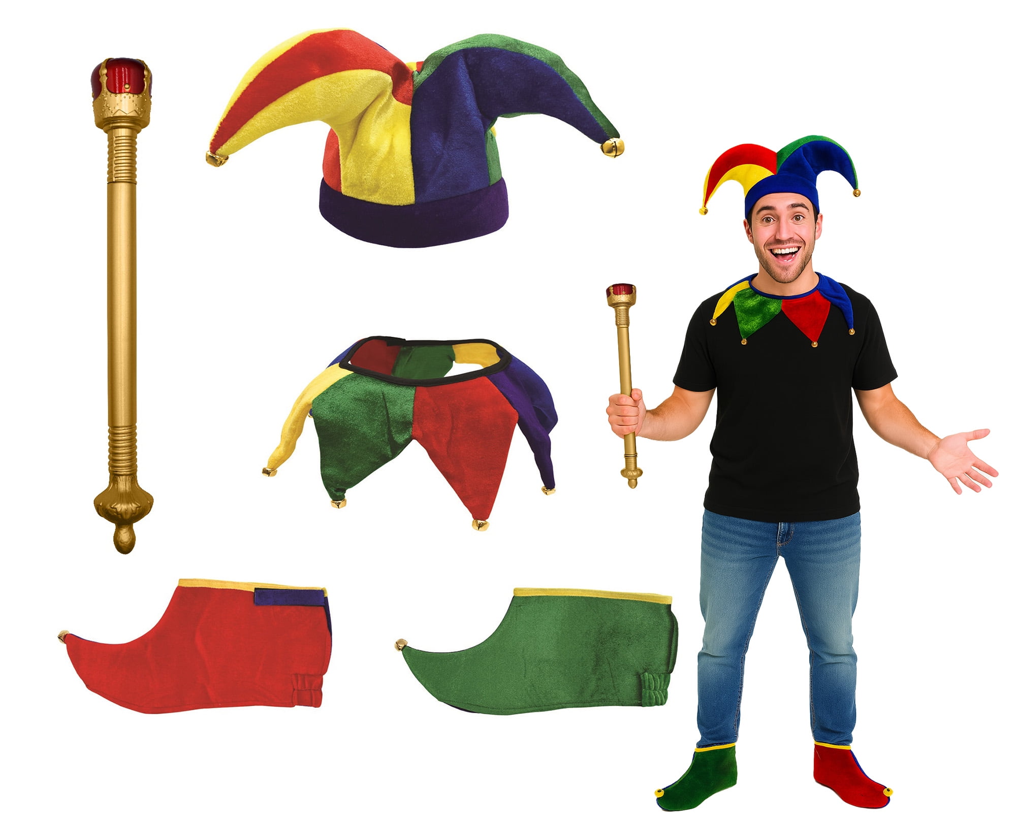 Nicky Bigs Novelties Adult Jester Costume Set & Gold Royal Scepter – 7 ...