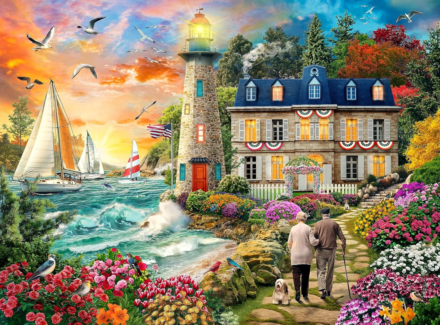 Adult Jigsaw Puzzles 1000 Pieces-Fall Sea Villa Sunset Lighthouse ...