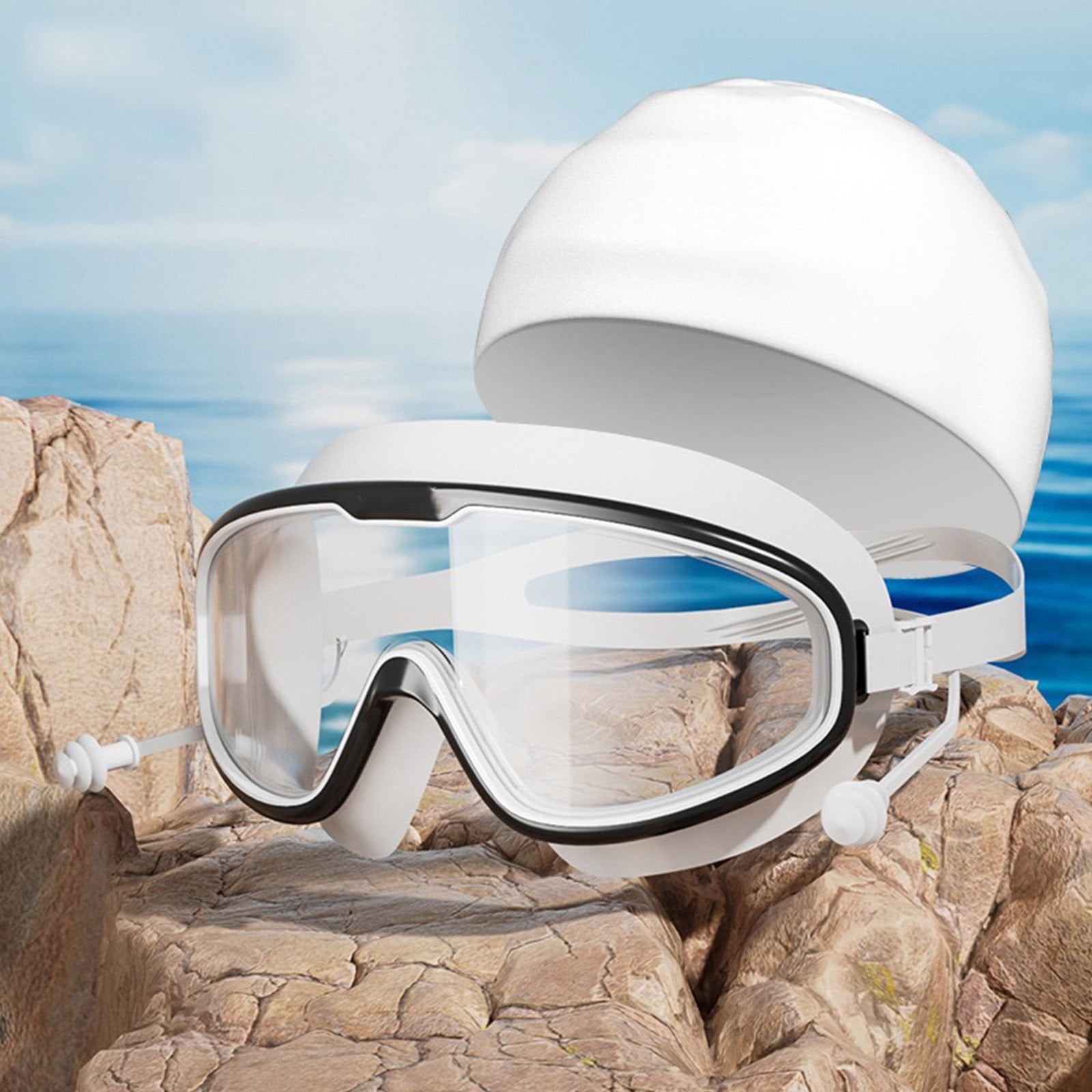 Adult Large Frame Swimming Goggles Set Clear Lens with Swim Cap and ...