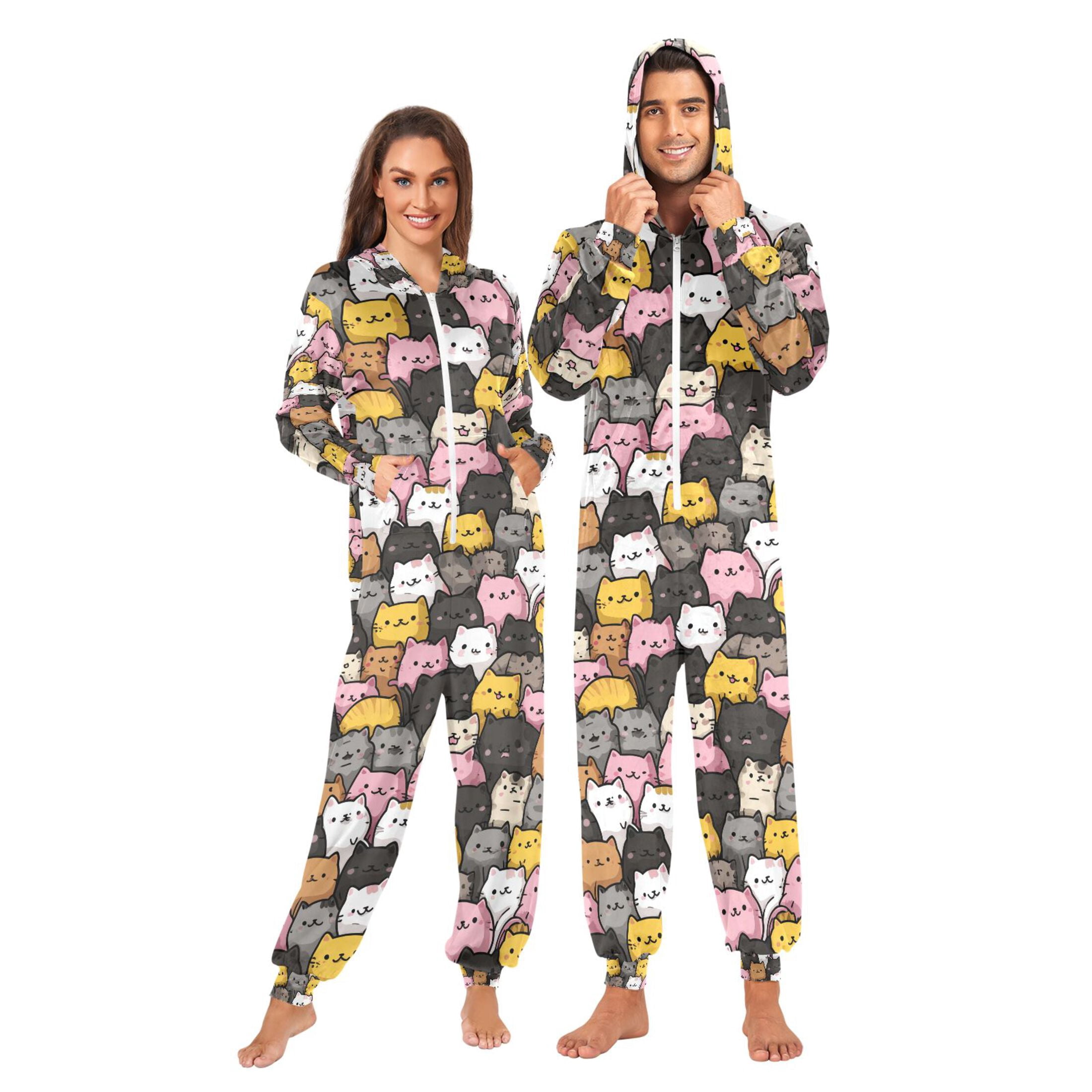 Adult Onesie Anime Cats Zipper One-Piece Pajamas Unisex with Pockets ...
