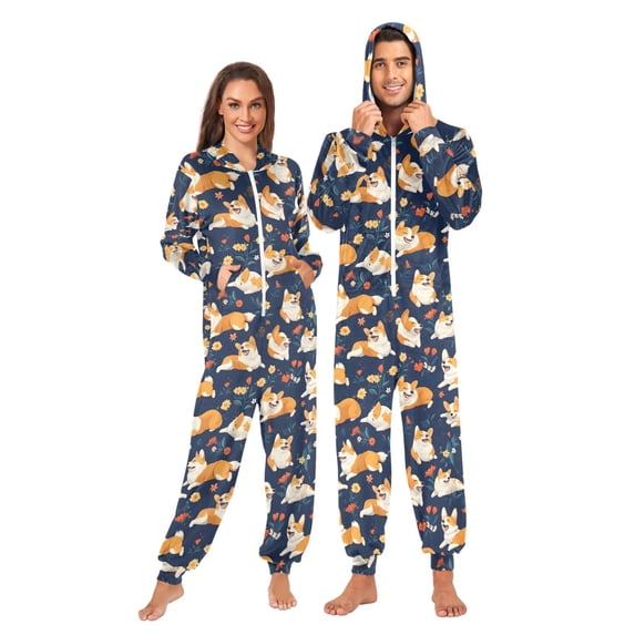 Adult Onesie Blue Background Adult Onesie Corgis Zipper One-Piece ...