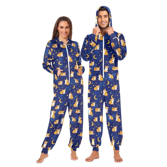 Adult Onesie Blue Background Adult Onesie Dog Moon Zipper One-Piece ...