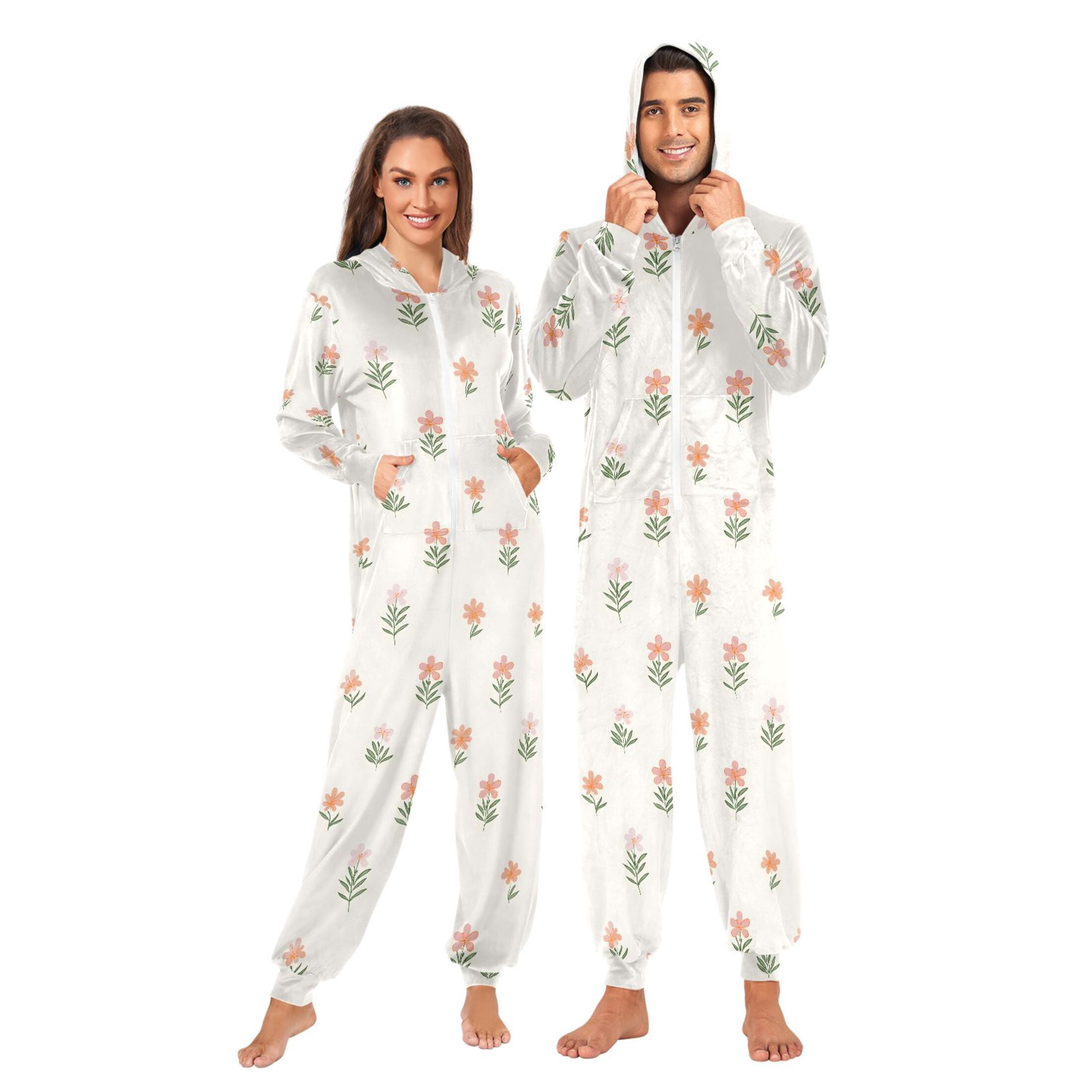 Adult Onesie Blue Background Adult Onesie Pink Flower Zipper One-Piece ...