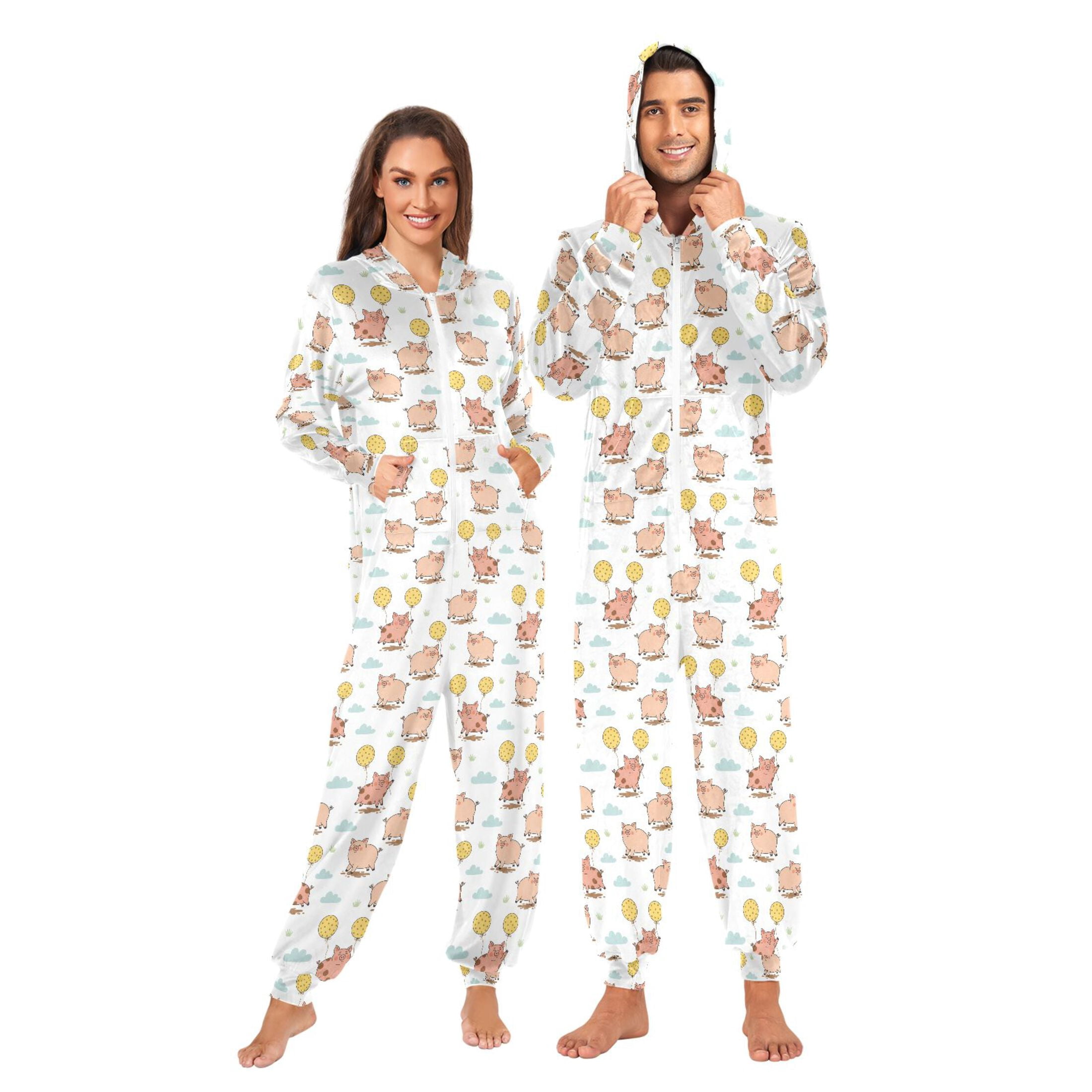 Adult Onesie Cartoon Pig Balloon Zipper One-Piece Pajamas Unisex with ...
