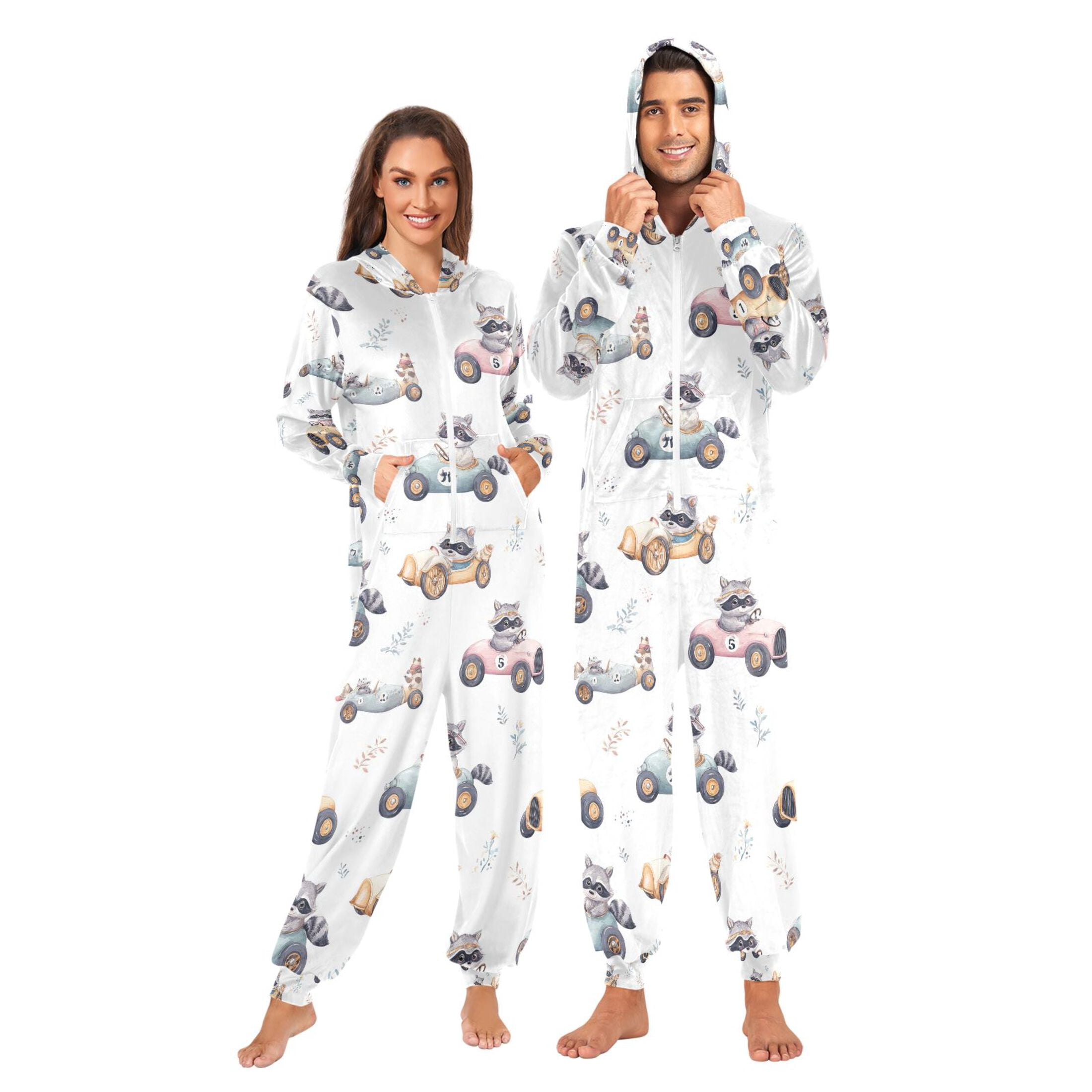 Adult Onesie Raccoon Zipper One-Piece Pajamas Unisex with Pockets ...