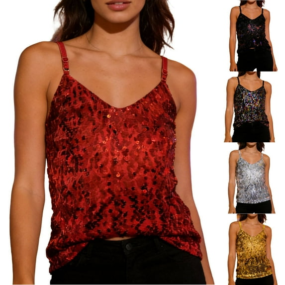 Adult Performance Top Strappy Sequined V Neck Sleeveless Stretch Vest ...