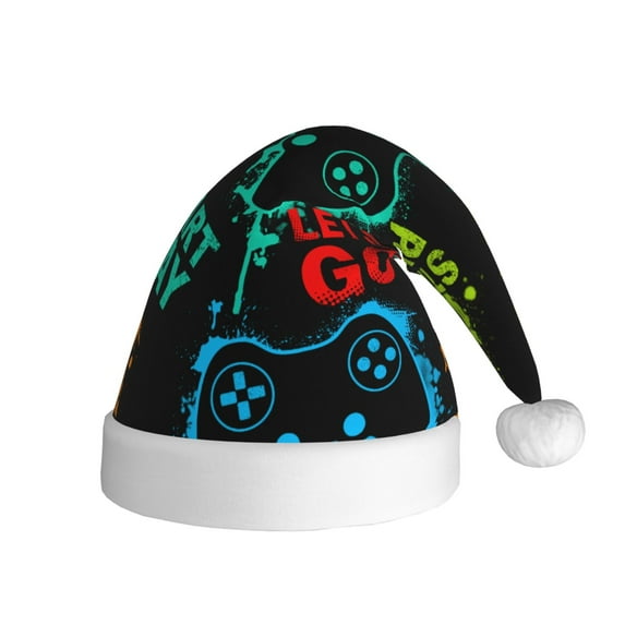 Adult Plush Santa Hat Video Game Gamer Pattern Soft Fleece Christmas ...