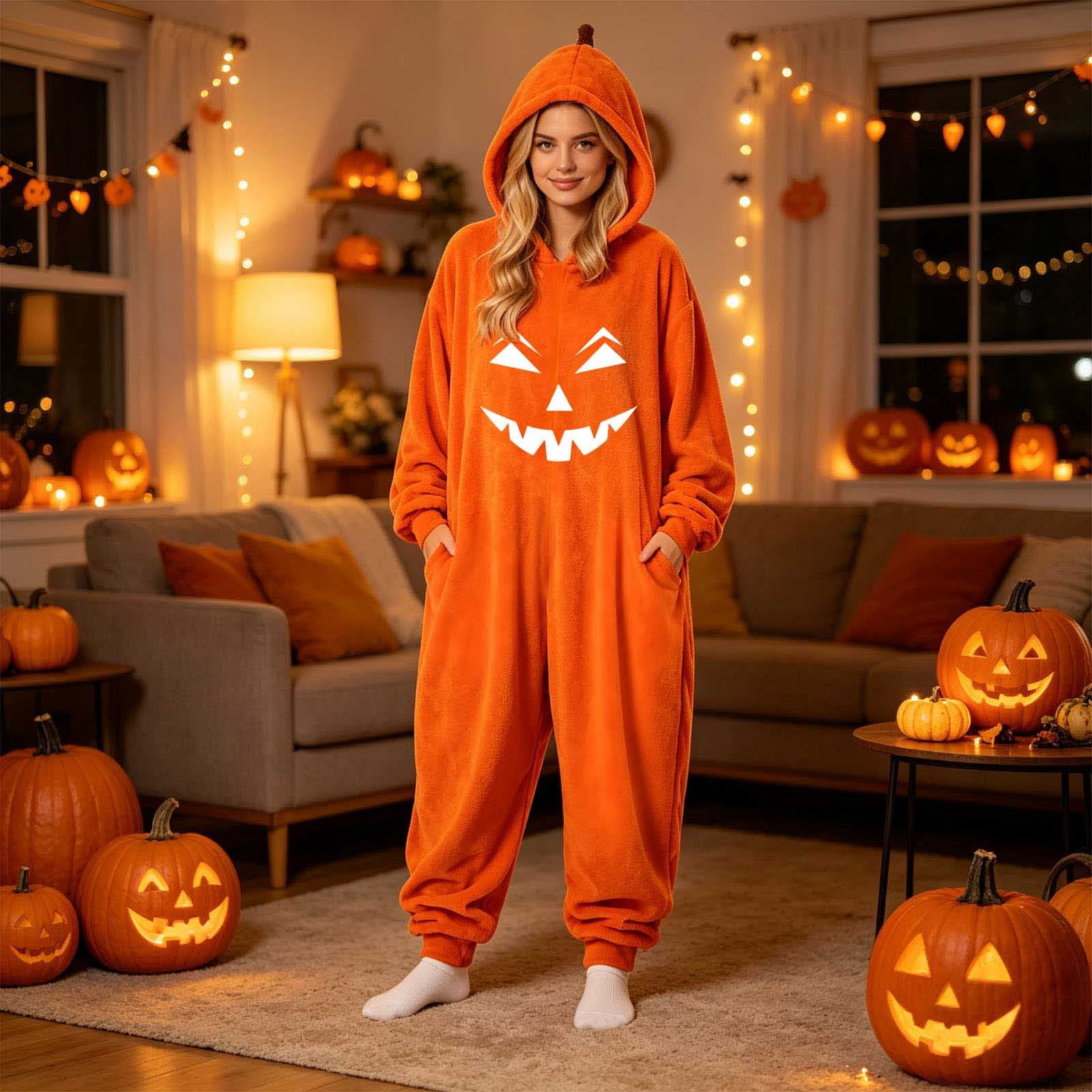 Adult Pumpkin Onesie, Soft Hooded Pumpkin Jumpsuit with Pockets ...