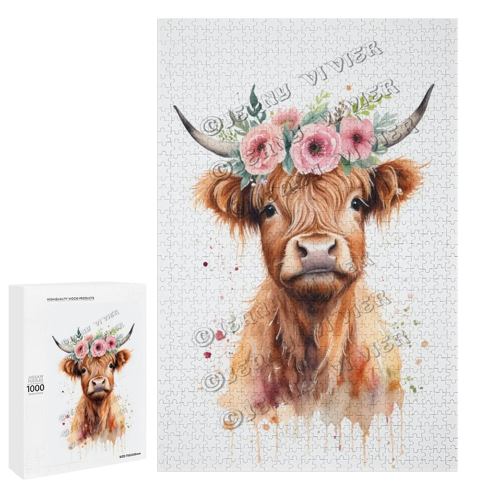 Adult Puzzle 1000 Pieces – Cow with Flower Crown Wooden Jigsaw ...