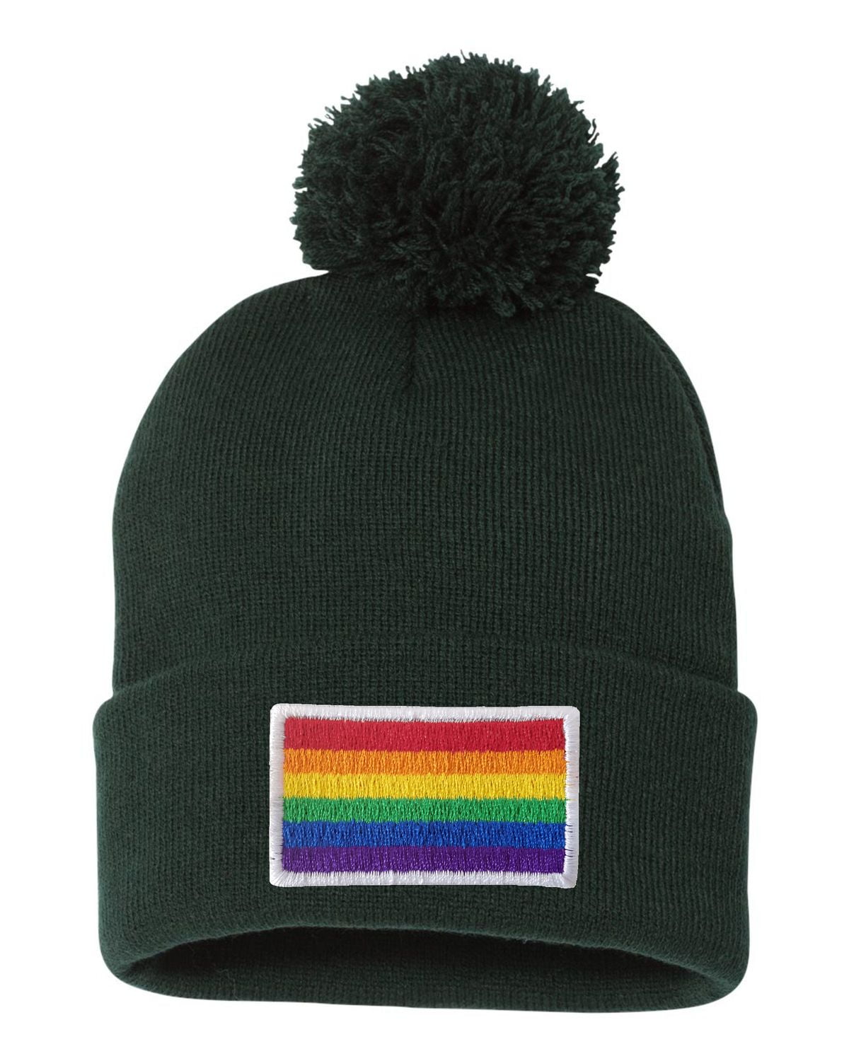Adult Rainbow Gay & Lesbian Pride Flag Embroidered Knit Beanie Pom Cap ...