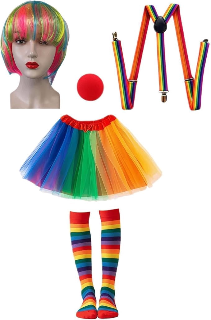 Adult Rainbow Outfit Clown Accessories Set, 5-Piece Tutu Skirt and Wig ...