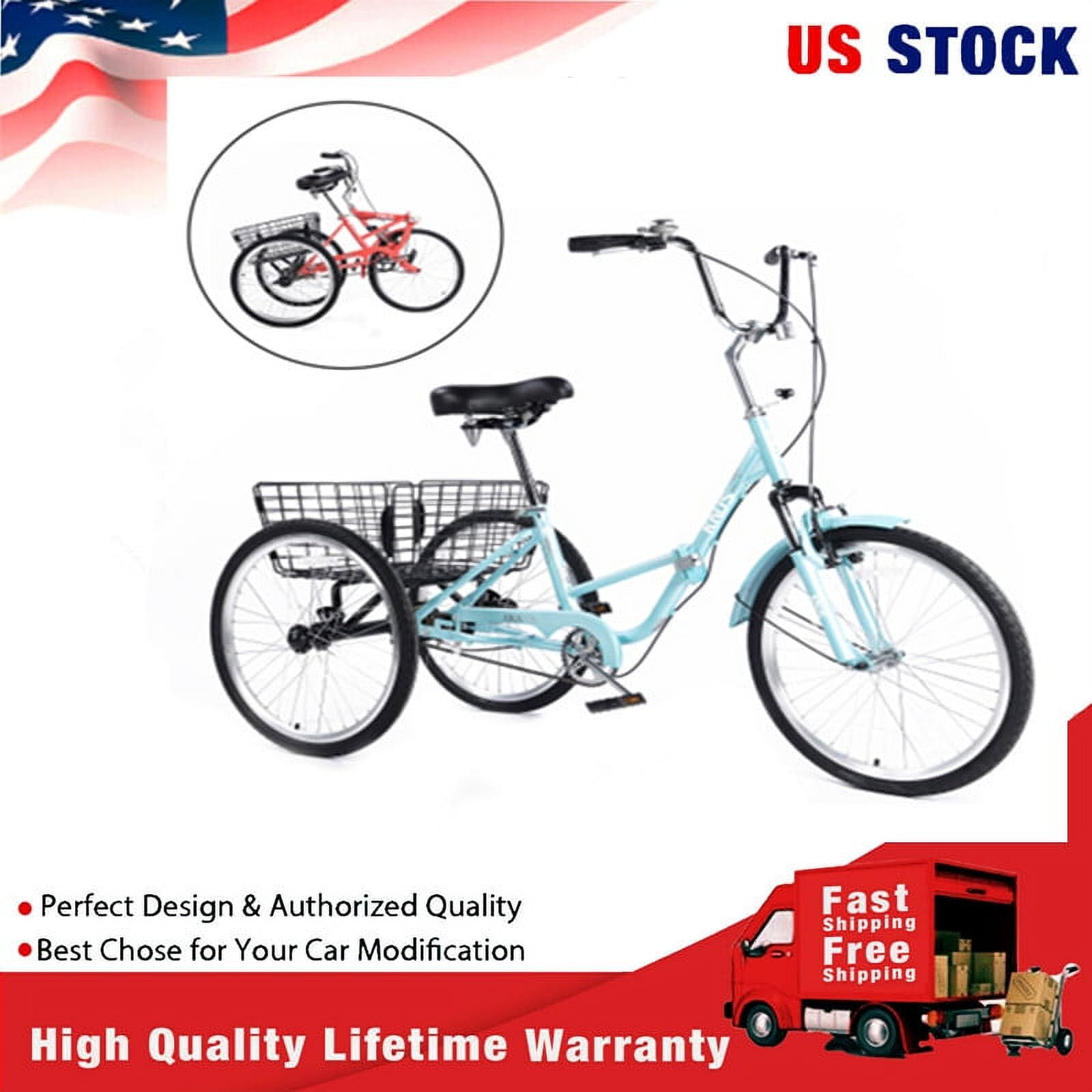 24 inch Single Speed Adult Tricycle, 3-Wheels Cruiser Bike with Basket ...