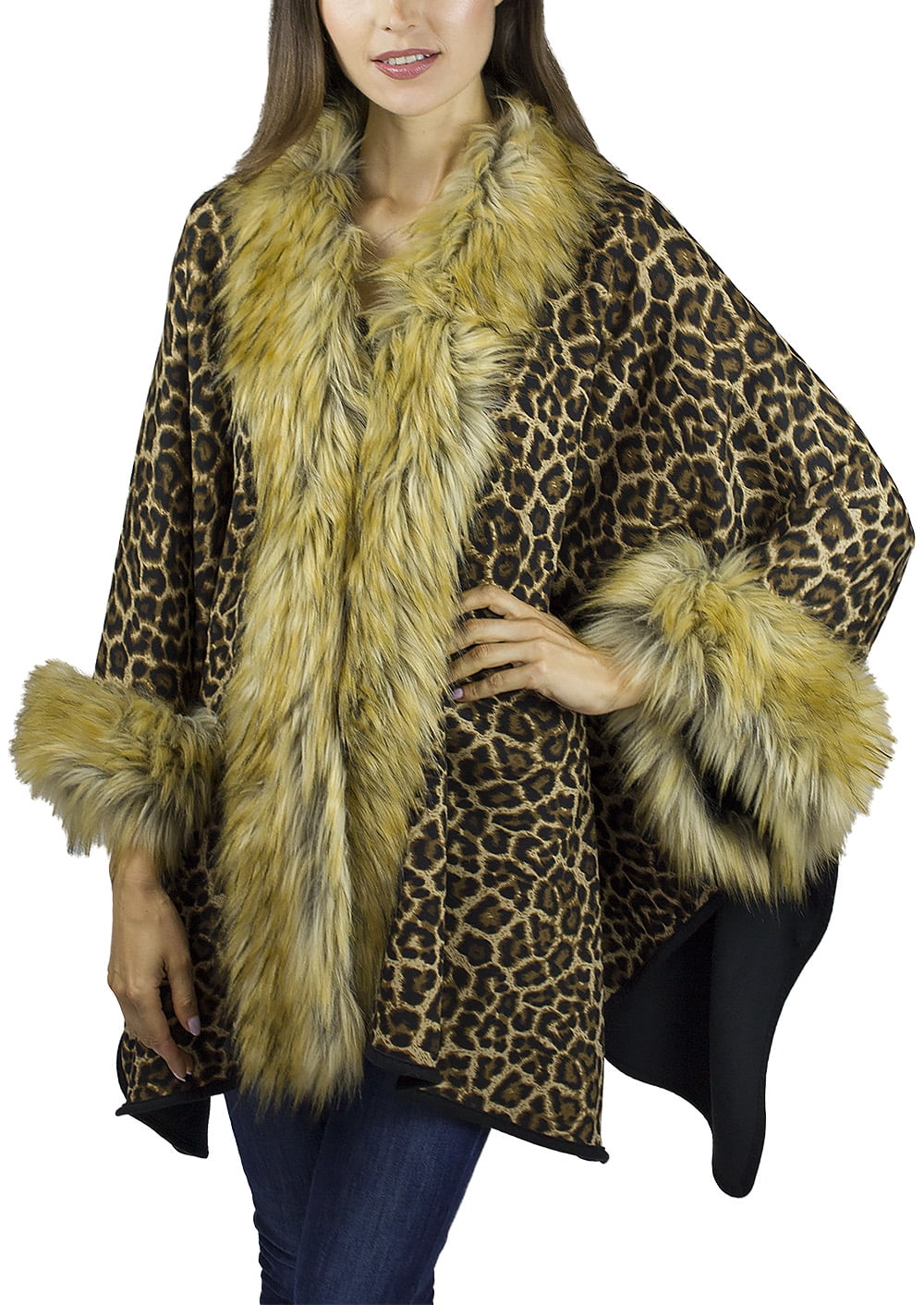 Adult Women's Leopard Print Double Face Fleece Duster with Faux Fur ...