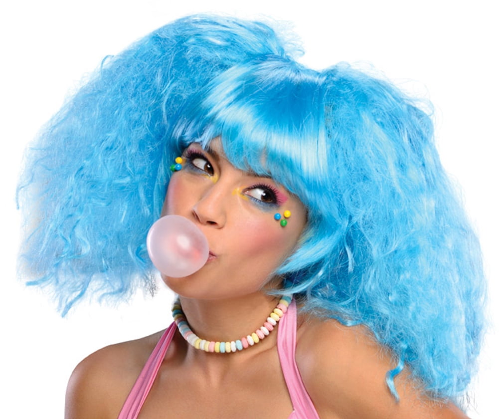 Adult Womens Blue Nicki Minaj Bubble Gum Clown Team Spirit Curly Wig ...