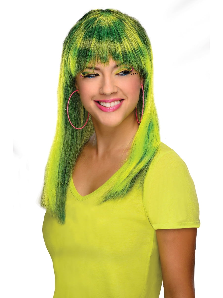 Adult Womens Costume Long Neon Glamorous Yellow Black Straight Bangs ...