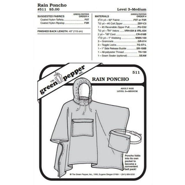 Adult's Rain Poncho #511 Sewing Pattern (Pattern Only) - Walmart.com