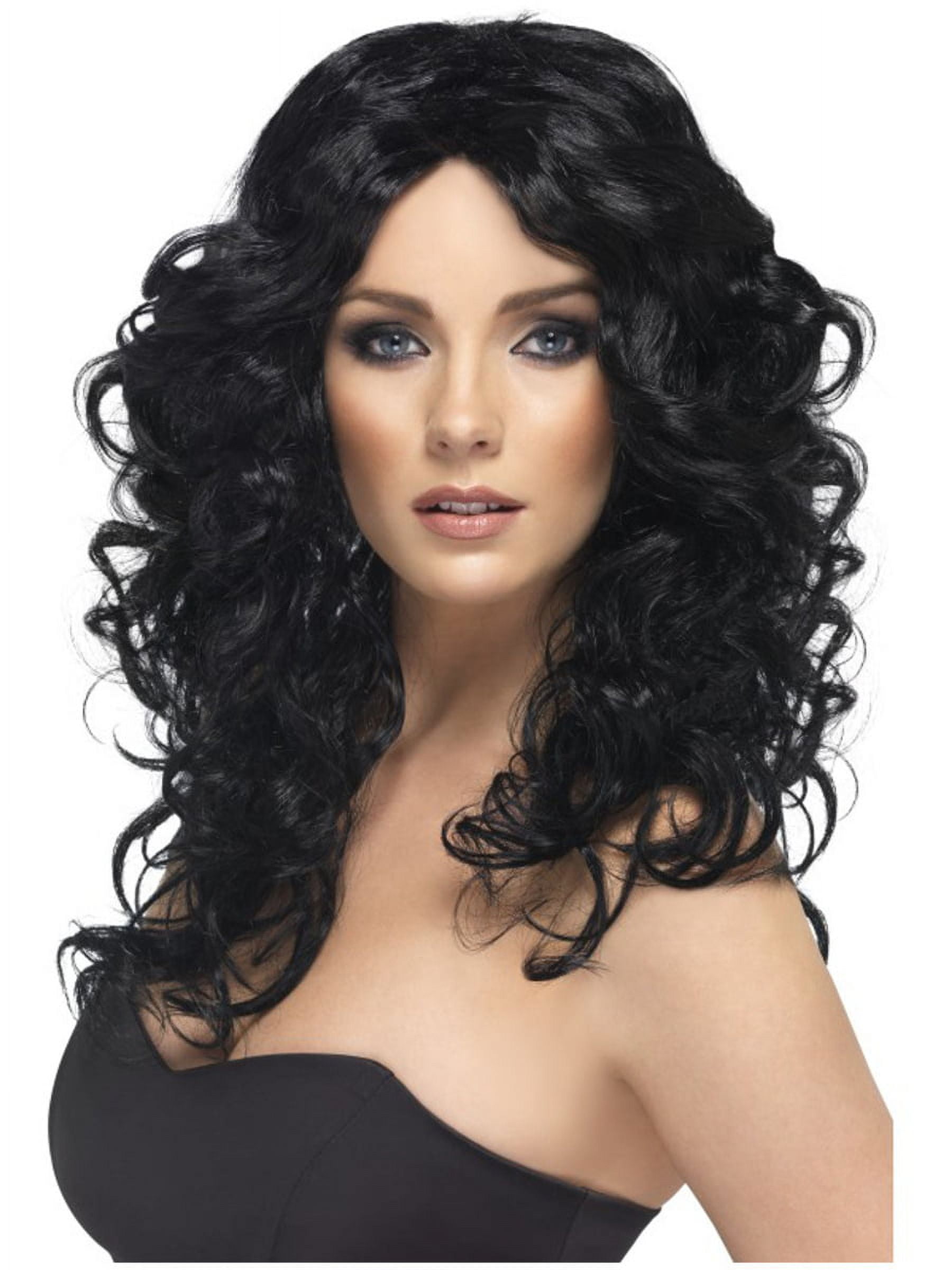 Smiffys Fancy Dress Glamour Wig, Long Black Wavy Adult Wig for Women ...