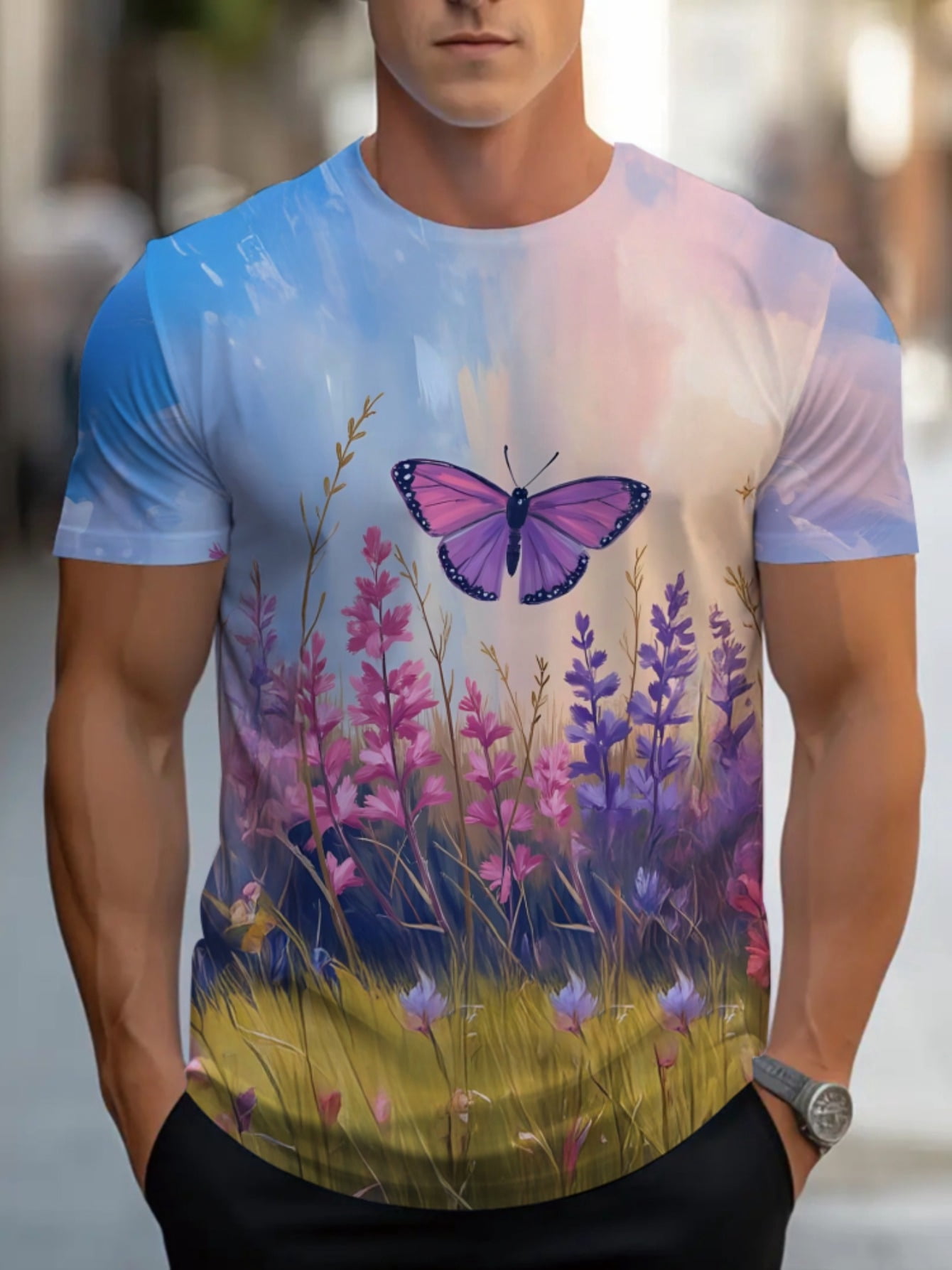 Adult short-sleeved T-shirt outside, made of soft mixed fabric, with ...