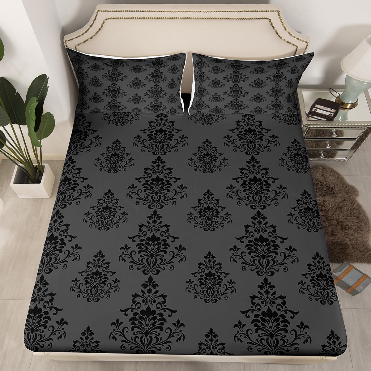 Adults Black Damask Bed Sheets Black Gothic Floral Fitted Sheet Full ...