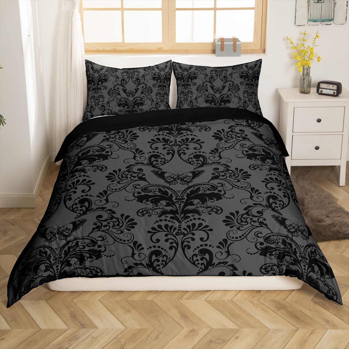Adults Black Damask Bedding Set Antique Victorian Baroque Duvet Cover ...