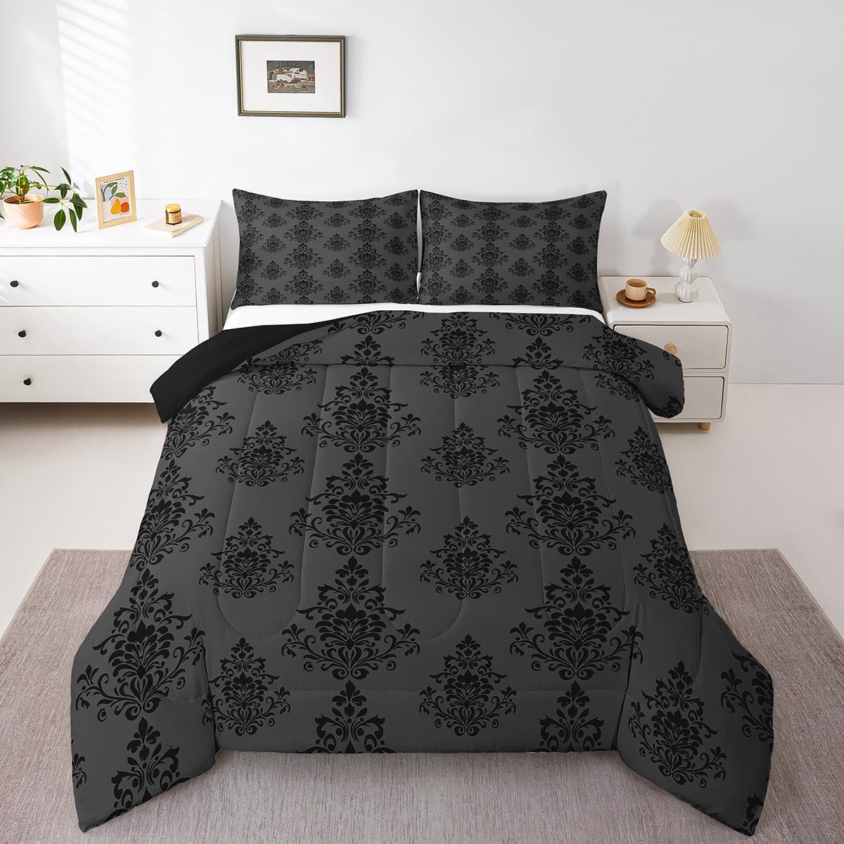 Adults Black Damask Comforter Set Black Gothic Floral Bedding Sets Twin ...