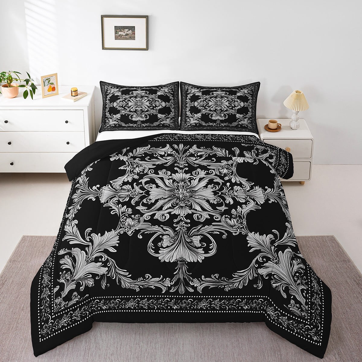 Adults Black Damask Comforter Set Gothic Vintage Floral Bedding Sets ...