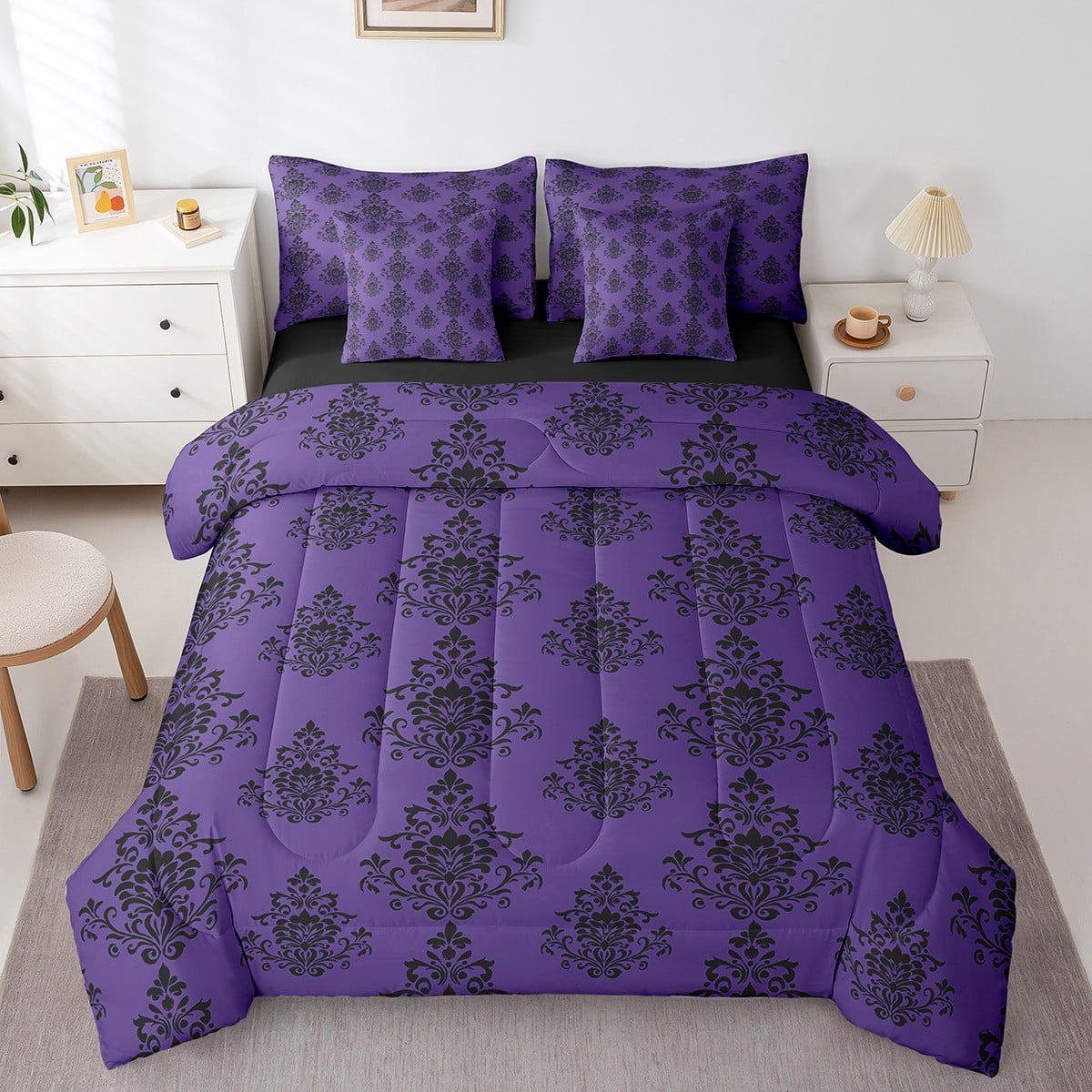 Adults Black Damask Comforter Set with Sheets 7 Piece Victorian Baroque ...