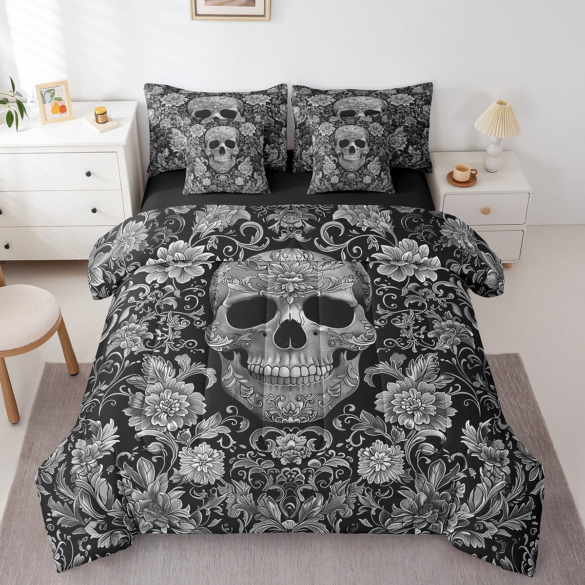Adults Black Damask Comforter Set with Sheets Gothic Vintage Floral ...