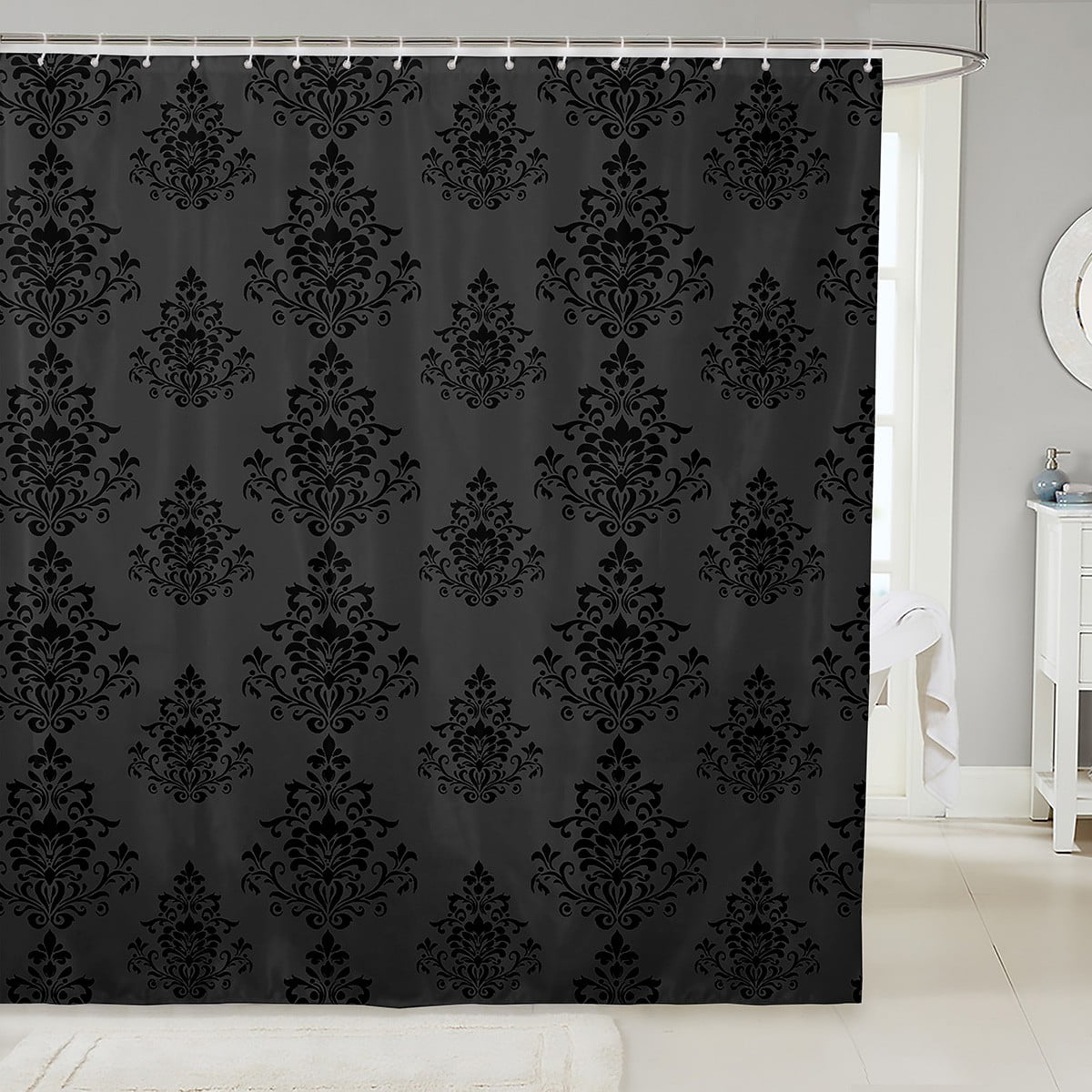 Adults Black Damask Shower Curtain Black Gothic Floral Bathroom Decor ...