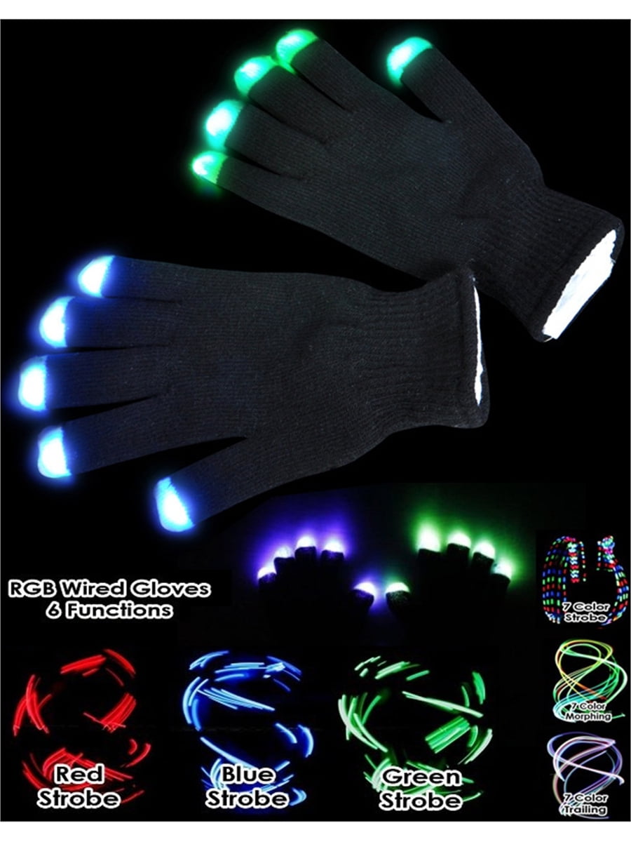 Adults Black Flashing Red Blue Green LED Light Show Rave Gloves ...